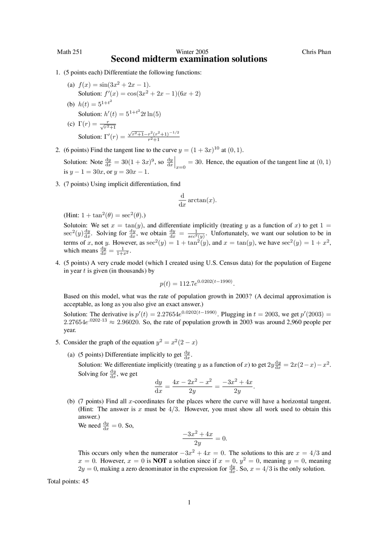 Midterm Exam 2 Solutions - Calculus I | MATH 251 - Docsity