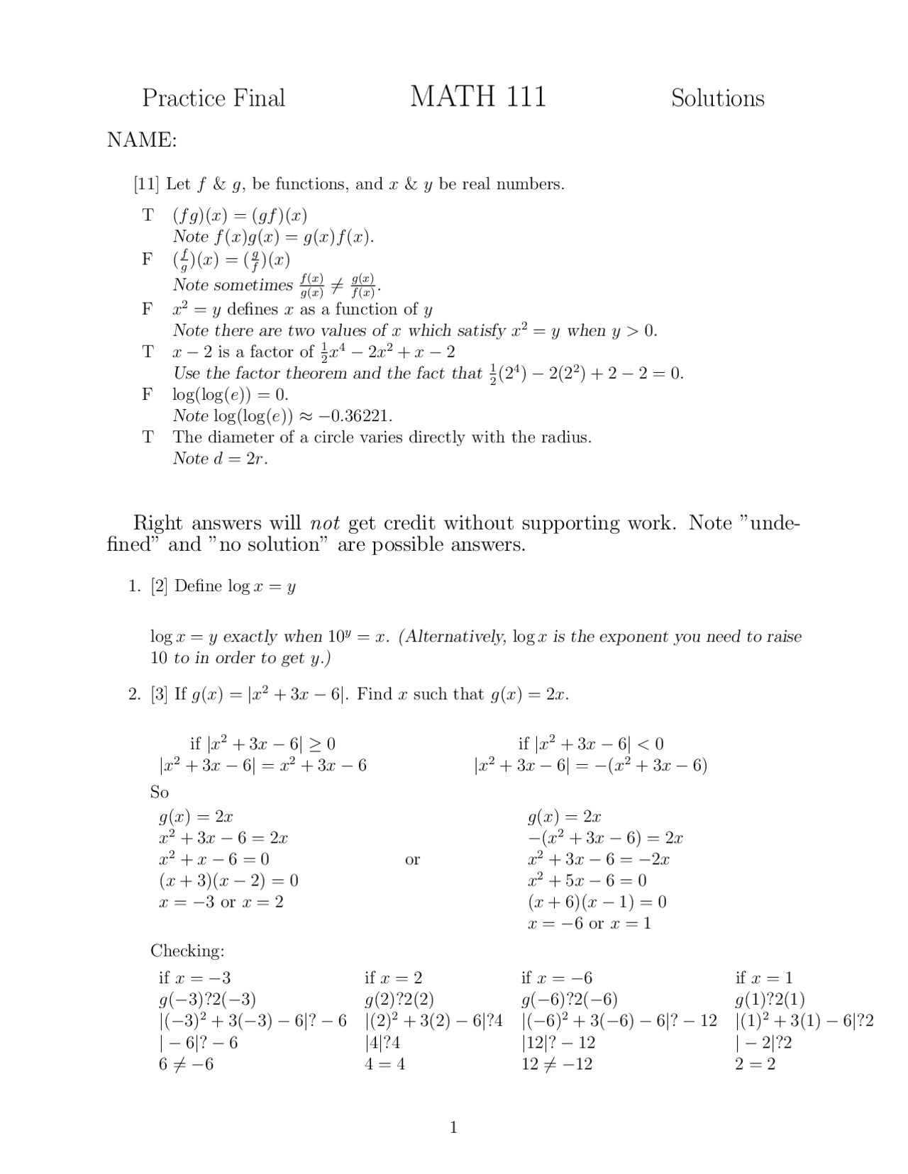 Practice Final Exam with Solutions - College Algebra | MATH 111 - Docsity