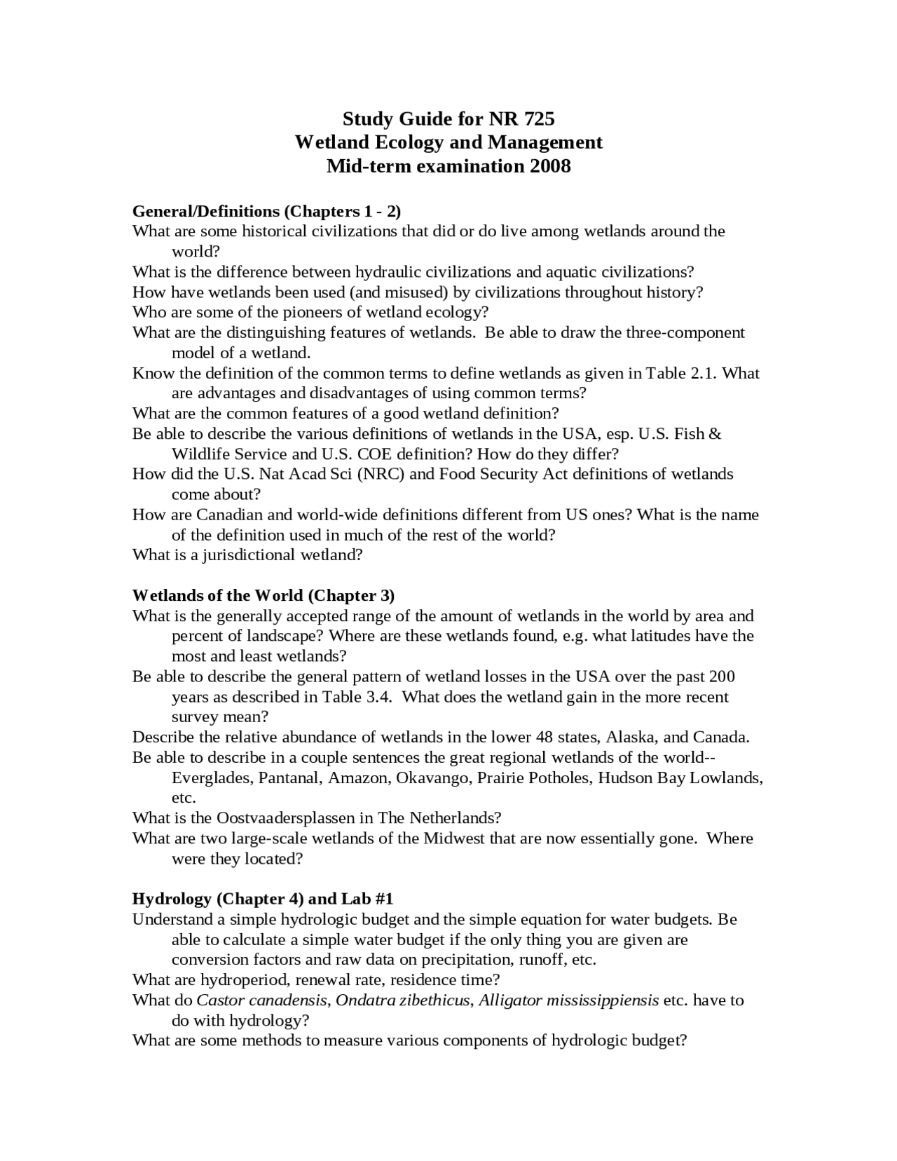 Study Guide for Midterm Exam - Wetland Ecology and Management | ENR 725 ...