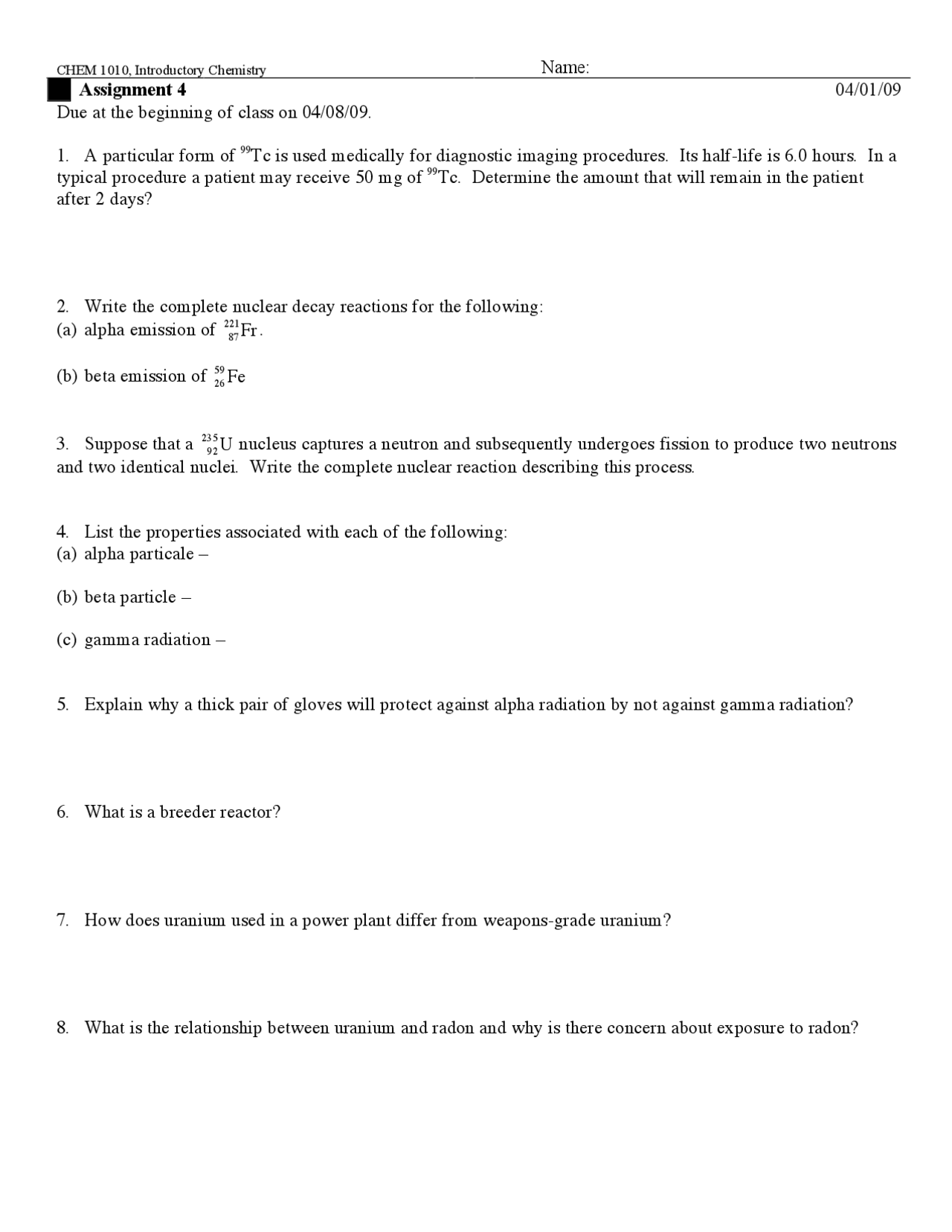 Introductory Chemistry Assignment 4 Sample Questions Chem 1010