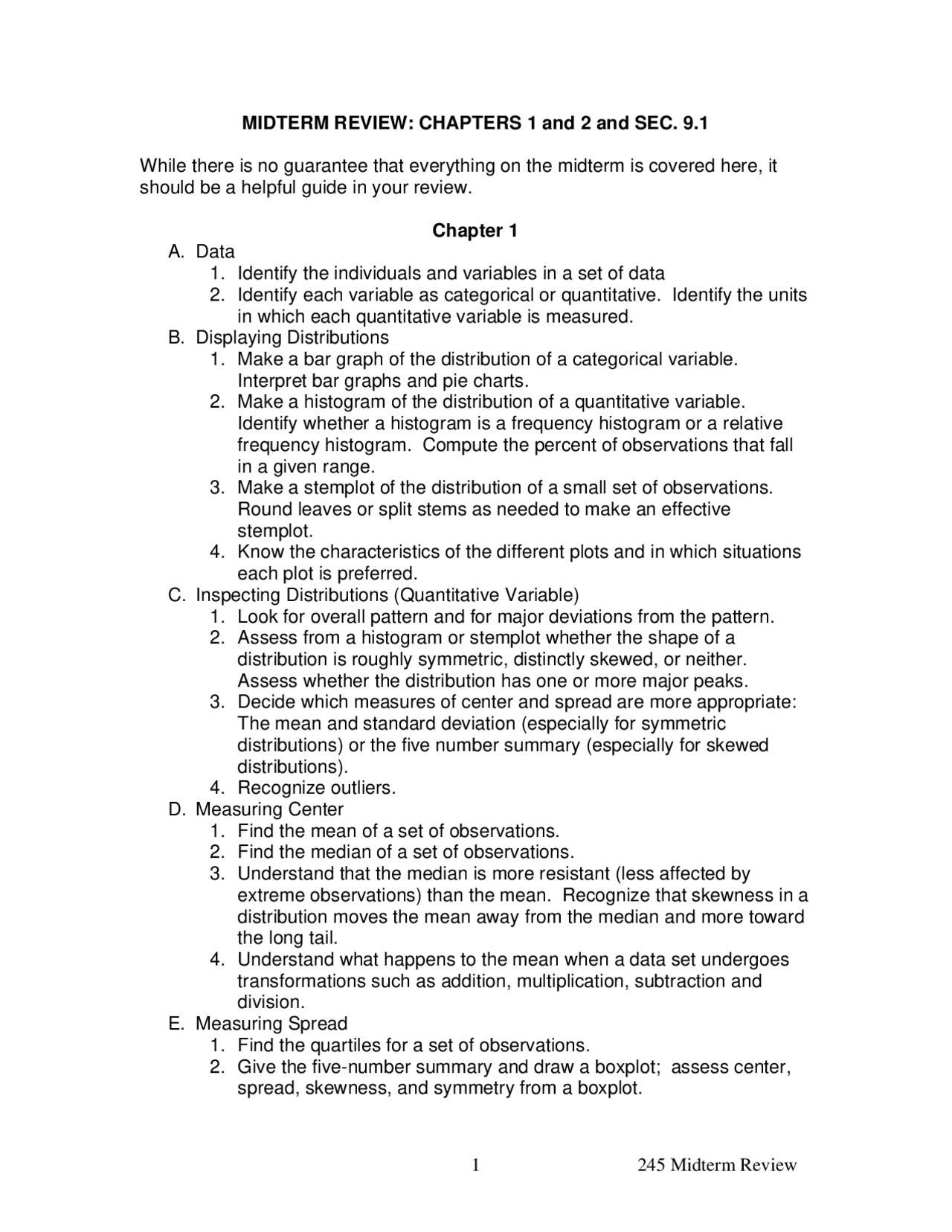 Review Sheet for Introduction to Statistical Analysis - Midterm Exam | STAT 245 - Docsity