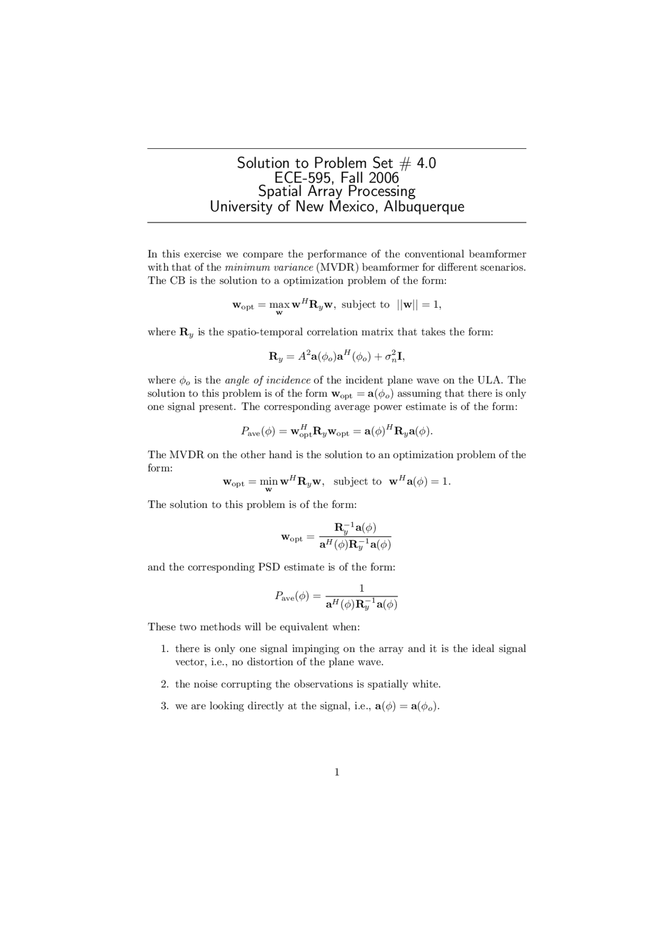 Solutions For Problem Set 4 Spatial Array Processing Ece 595 Assignments Electrical And