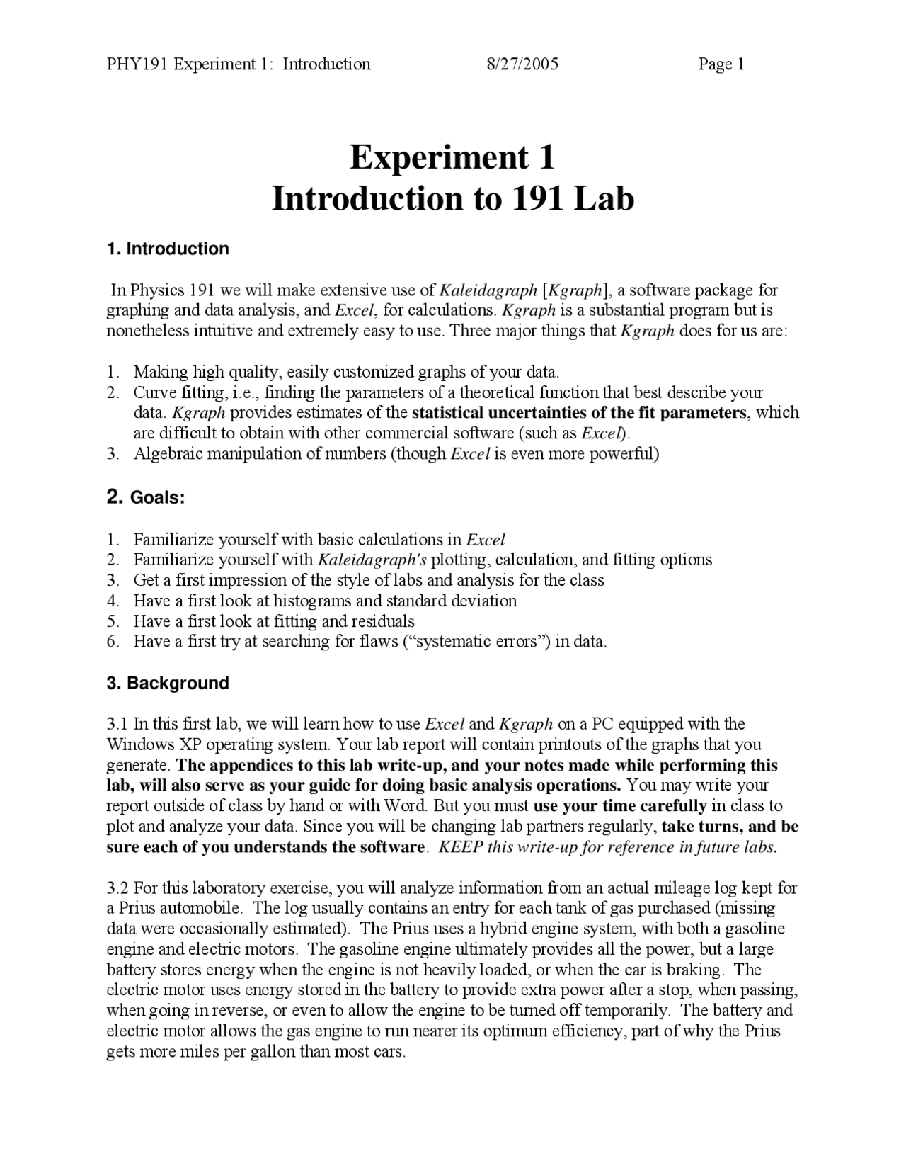 Introduction to 191 Lab - Experiment 1 | PHY 191 - Docsity