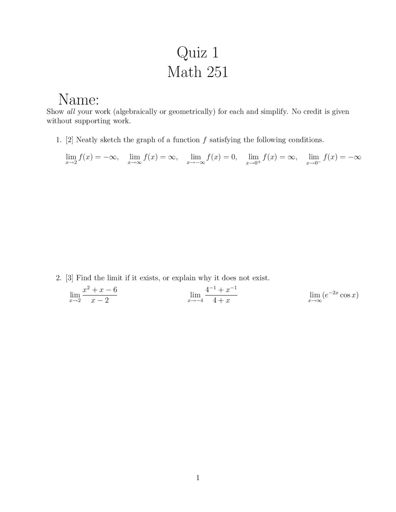 Define What Means for Function to be Continuous - Quiz 1 - Calculus I | MATH 251 - Docsity