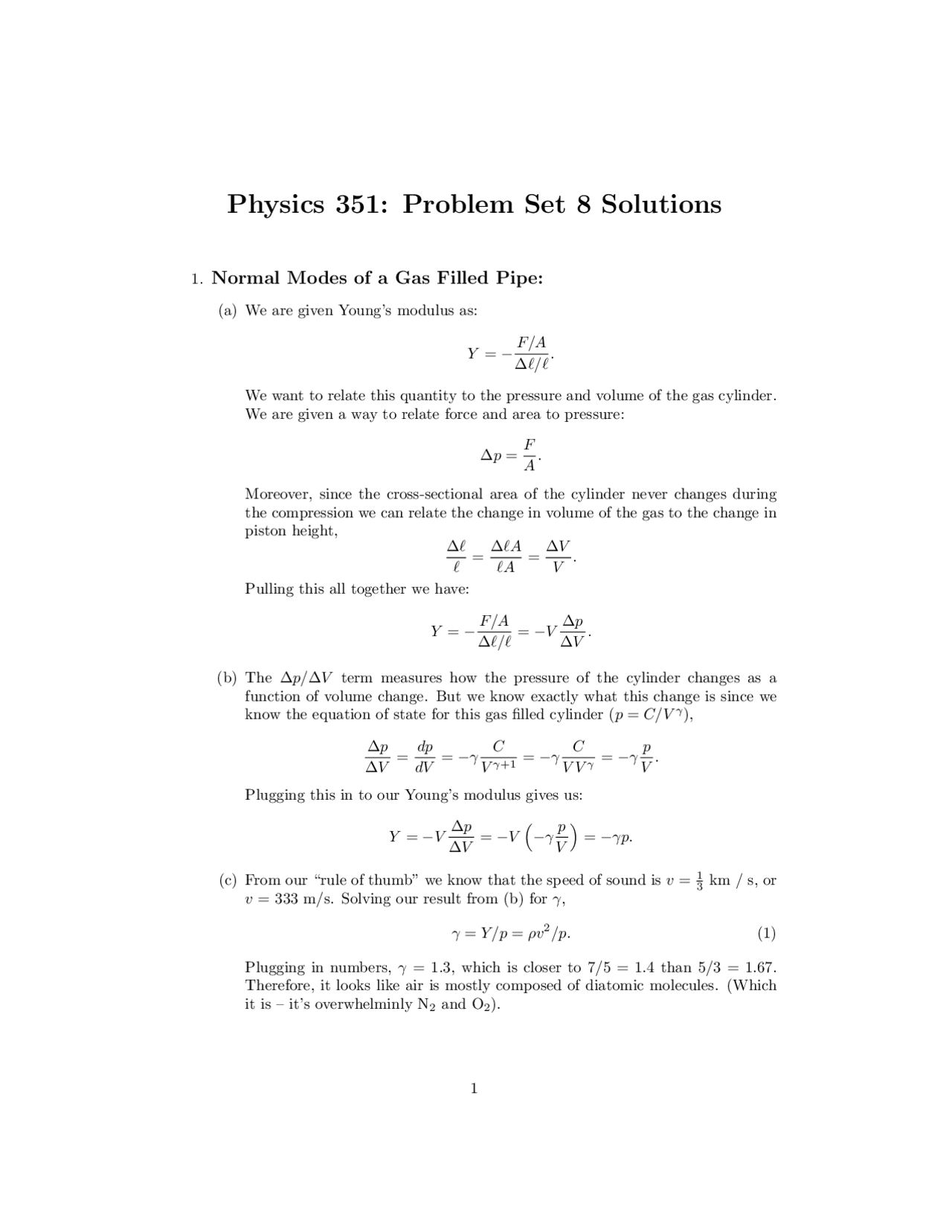 Physics 351: Solutions to Problem Set 8 - Gas Pipe, Vibrating String ...