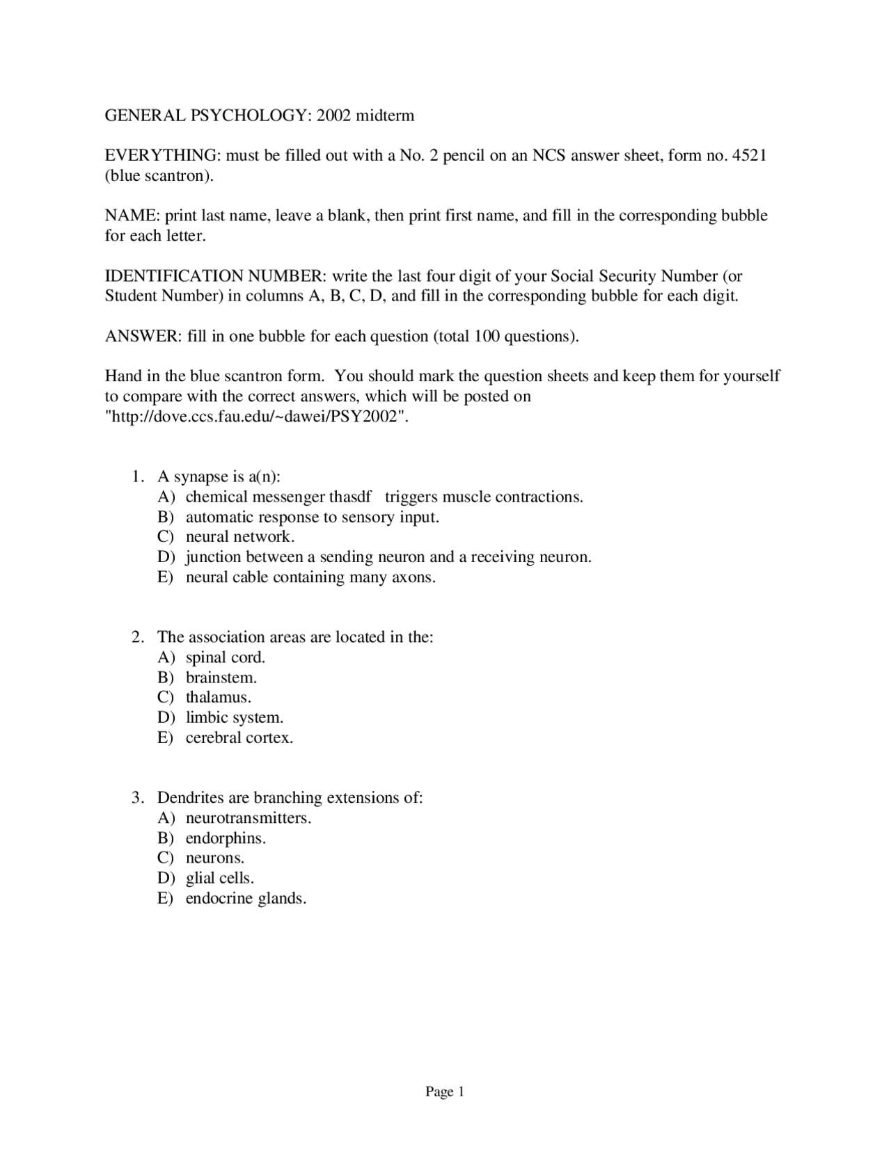 Midterm Exam with Answer Key - General Psychology | PSY 1012 - Docsity