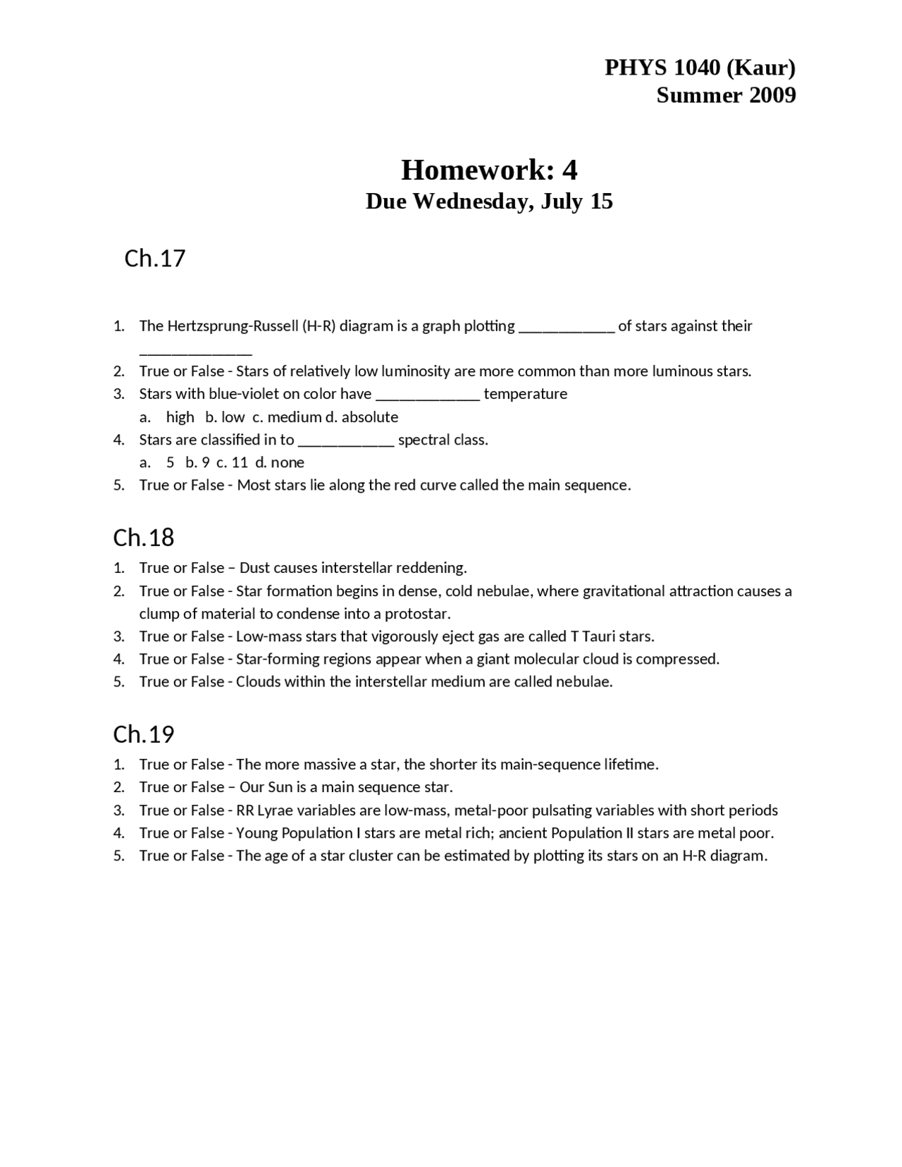 Review Sheet For Elementary Astronomy Assignment 4 Phys 1040 Docsity
