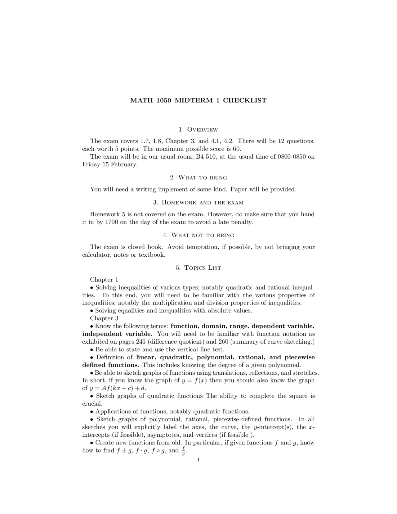 Midterm 1 Checklist Ql College Algebra Math 1050 Docsity