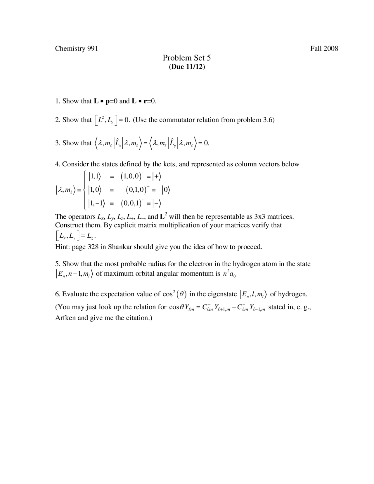 Problem Set 5 for Chemistry 991, Fall 2008 | Assignments Chemistry | Docsity