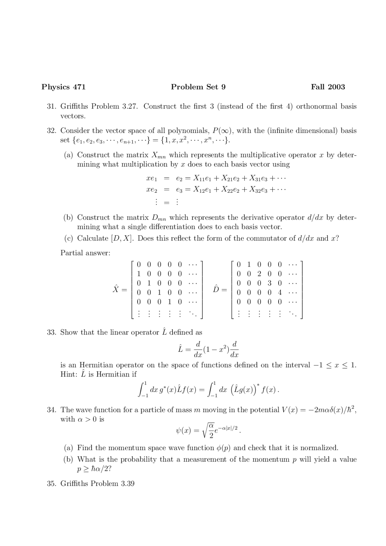 Problem Set 9 Quantum Physics I Fall 2003 Phy 471 Docsity