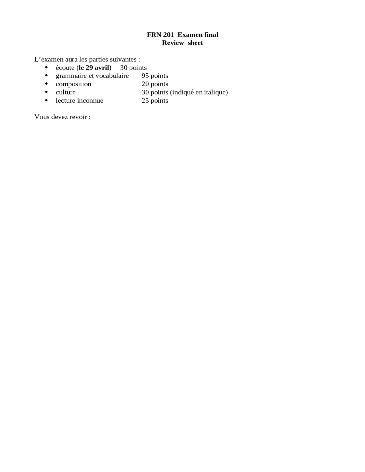 An Introduction To Second Year French L Final Exam Frn 201 Docsity