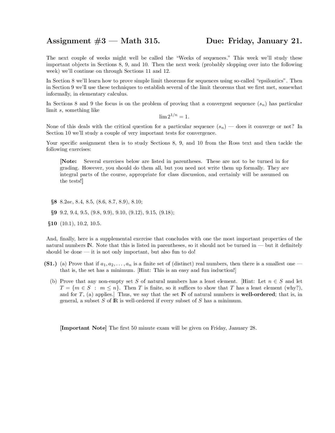 Questions For Assignment 3 Elementary Analysis Math 315 Docsity