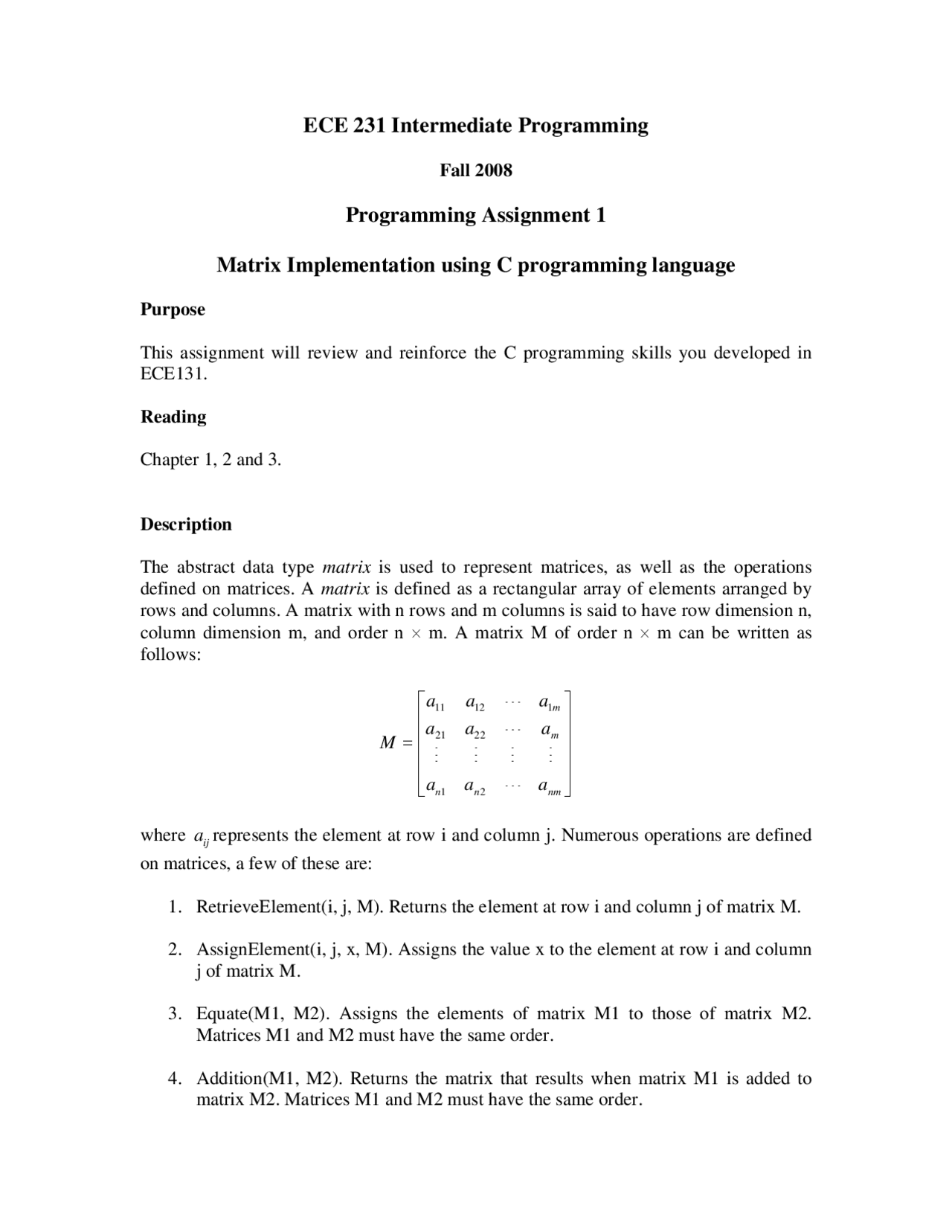 Matrix Implementation Using Programming Language Assignment 1 Ece