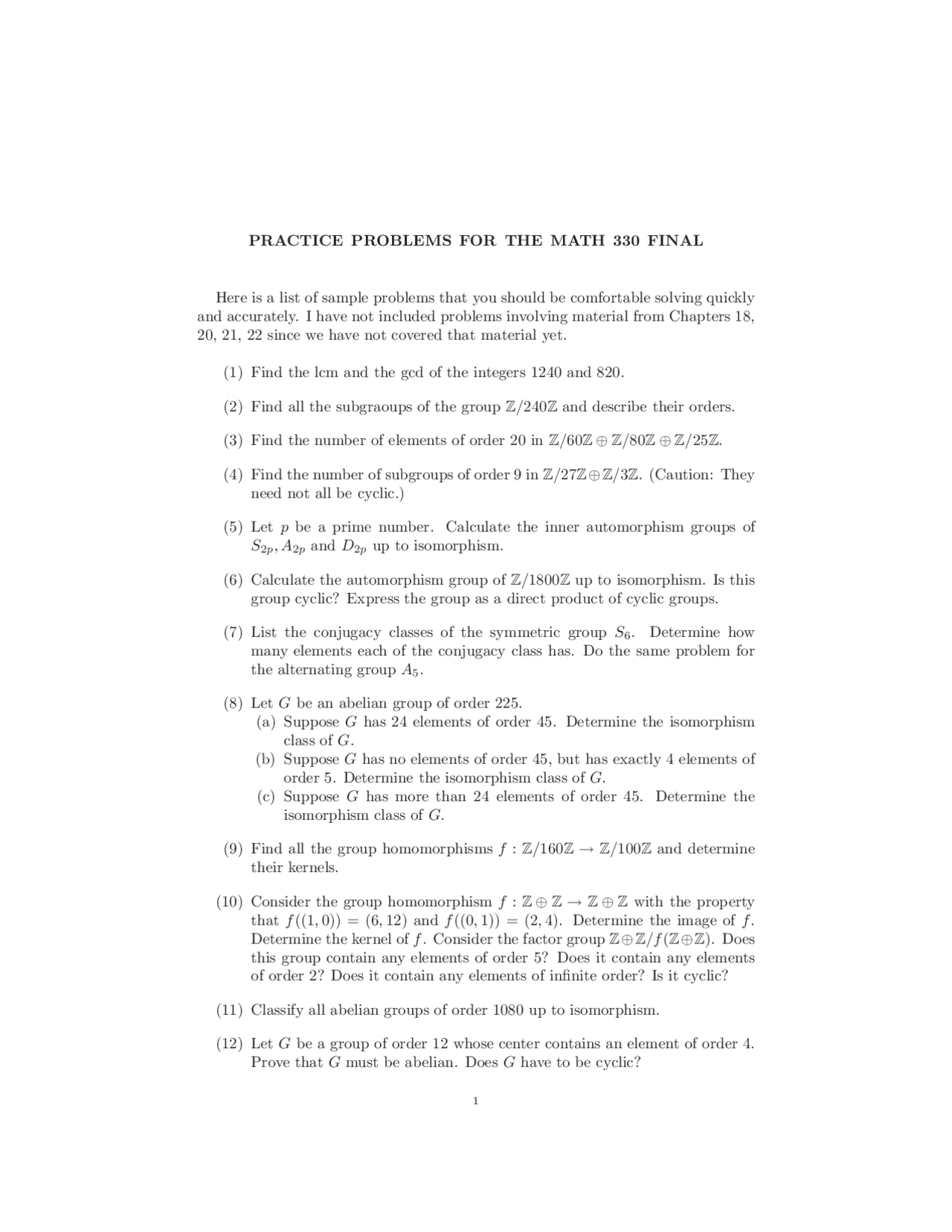 27 Practice Problems on Abstract Algebra I - Exam | MATH 330 - Docsity