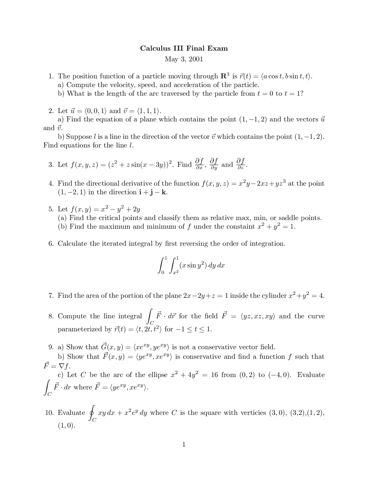 Sample Final Exam Calculus Iii Fall 2001 Math 210 Docsity