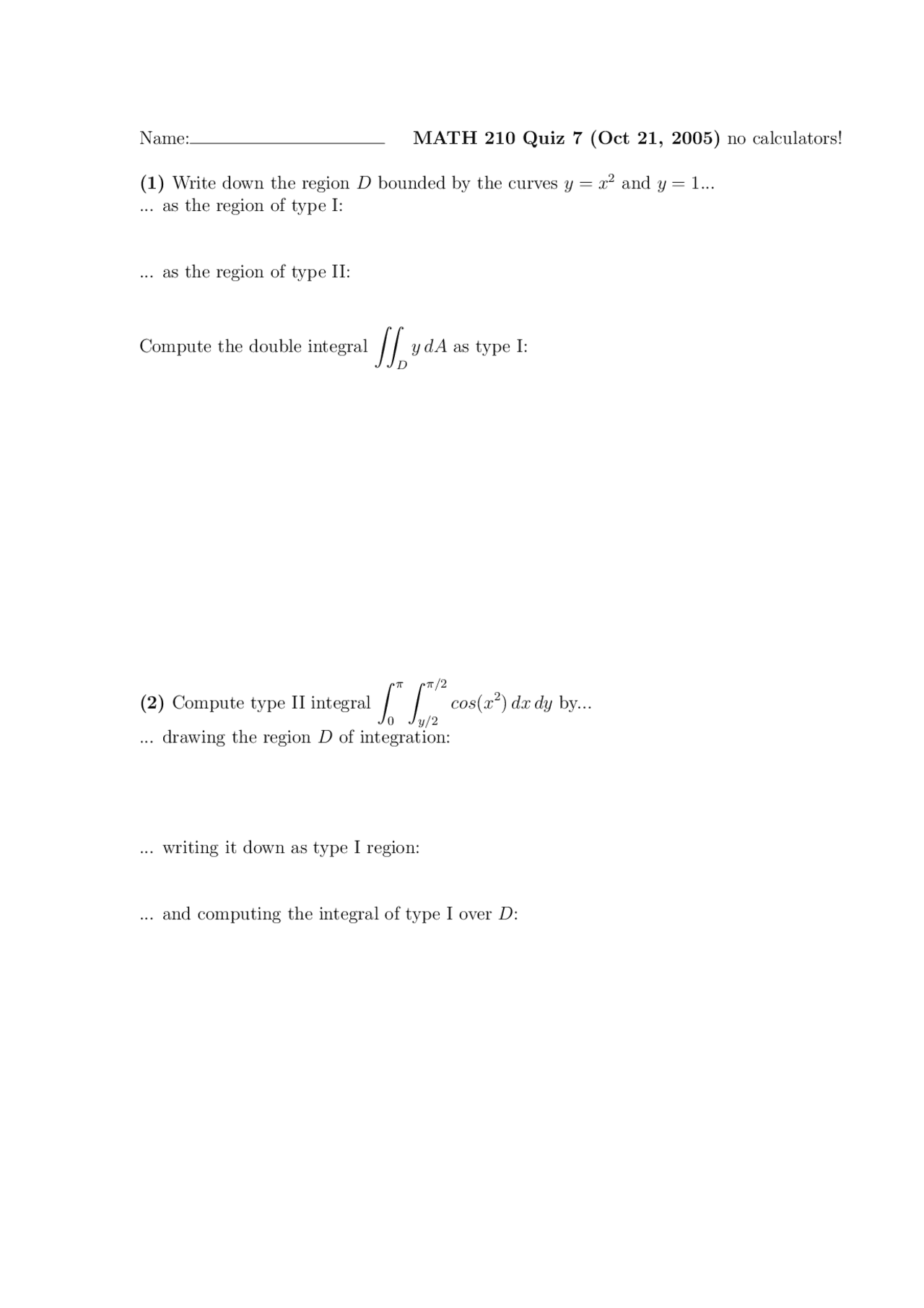 Compute The Double Integral Quiz 7 Math 210 Docsity