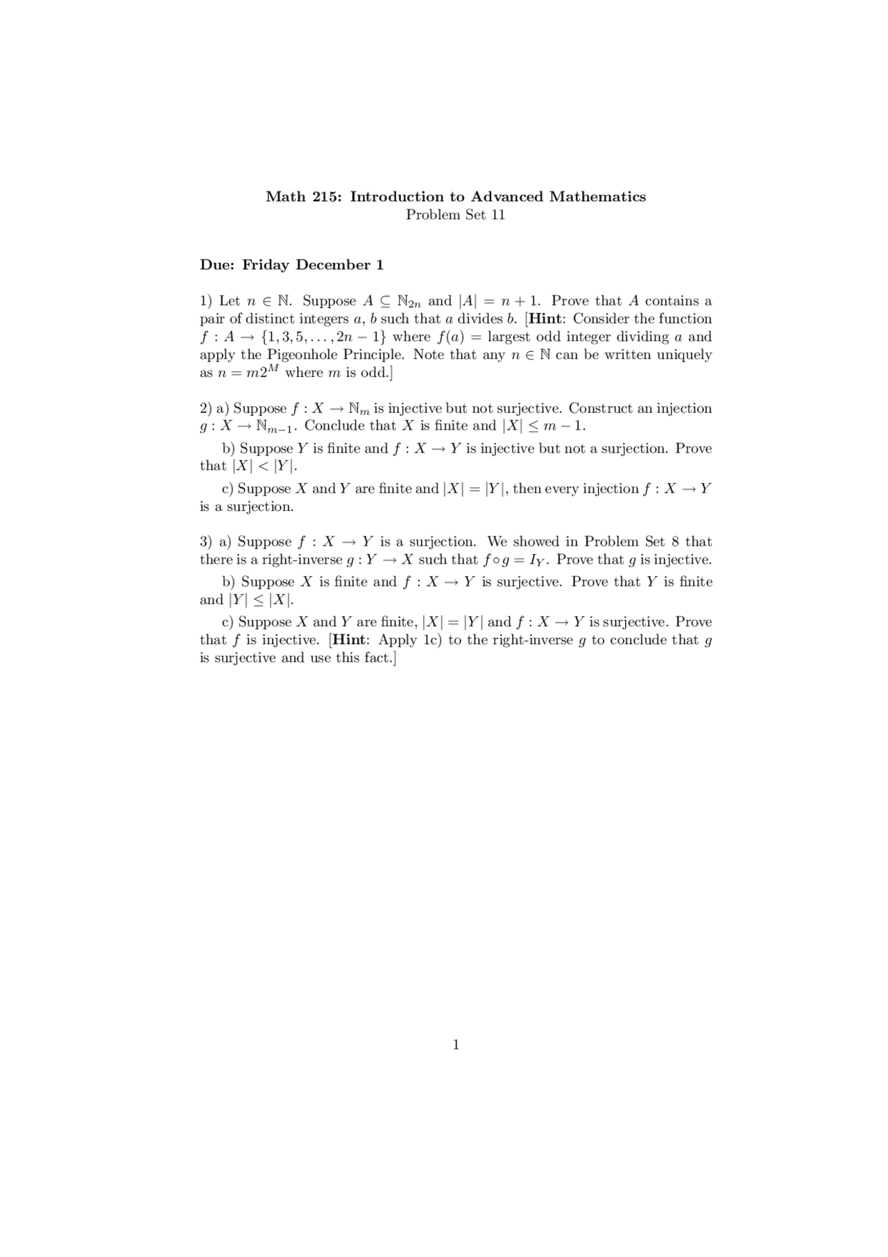 Problem Set 11 Introduction To Advanced Mathematics Math 215 Docsity