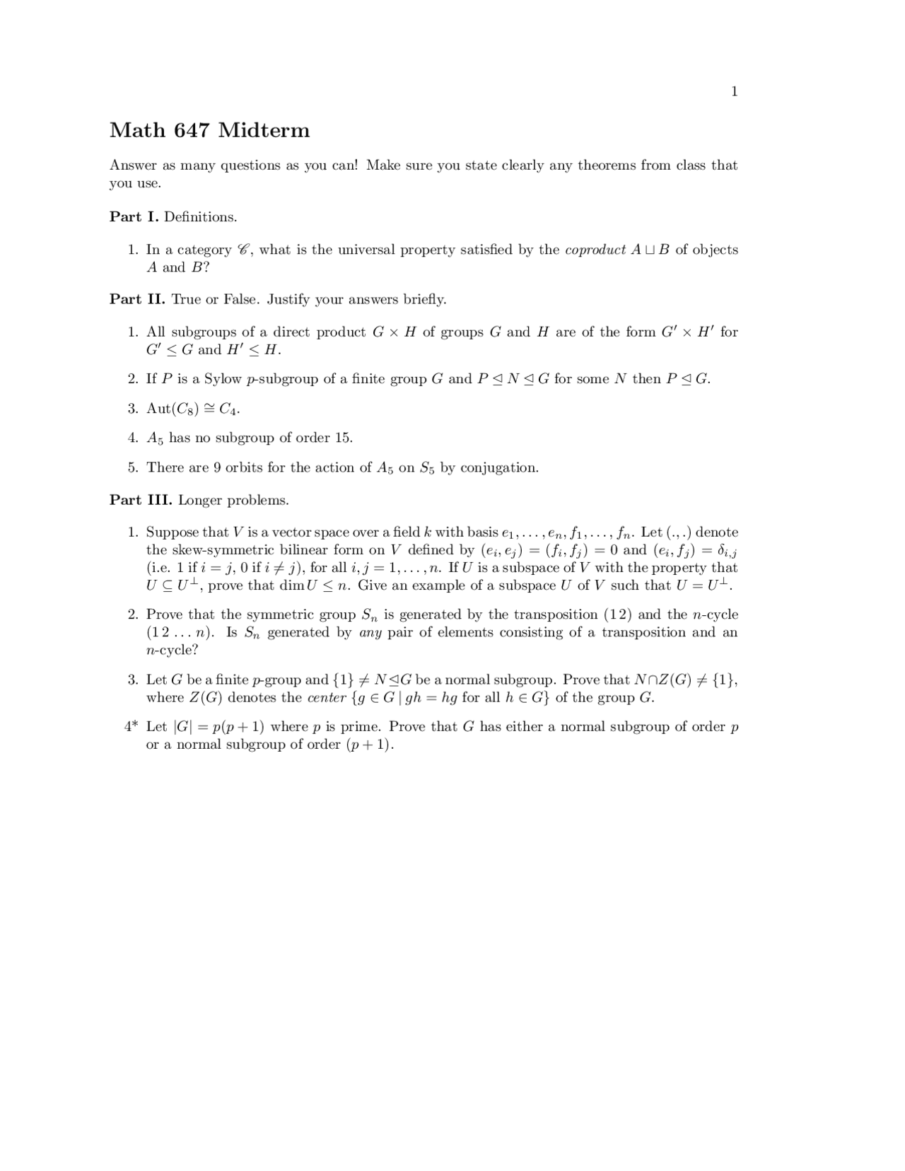 10 Problems On Finite Group Of Abstract Algebra Midterm Exam Math