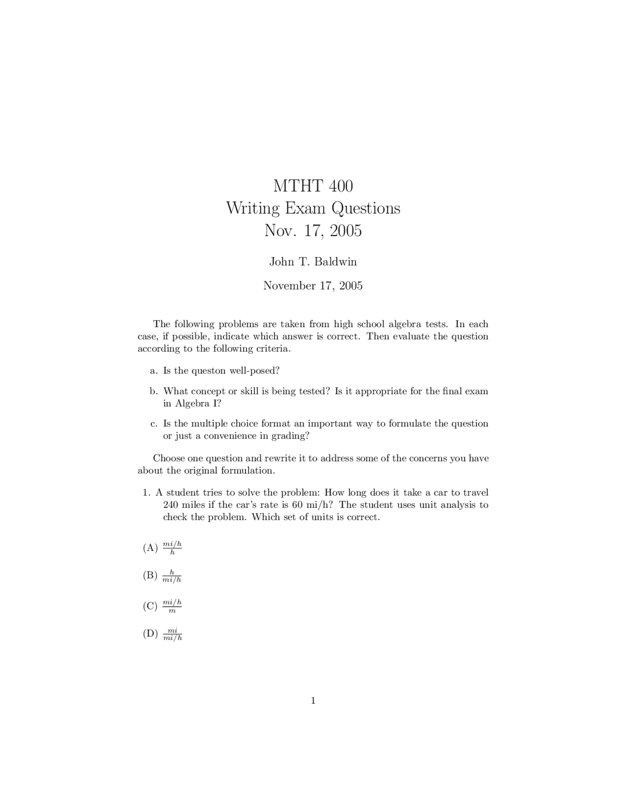 Writing Exam Questions Methods Of Teaching Secondary Mathematics I