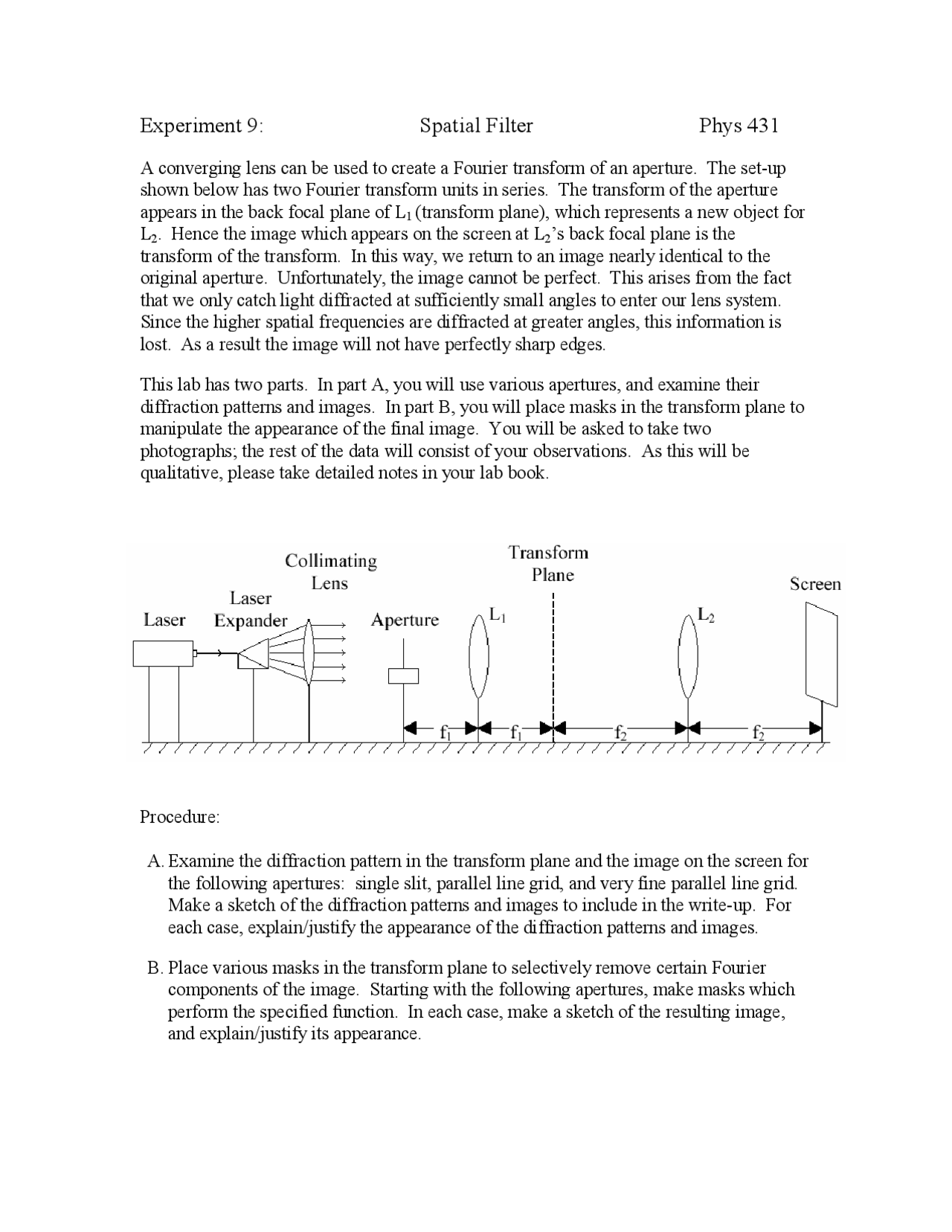 Spatial Filter Optics I Experiment 9 Phy 431 Docsity