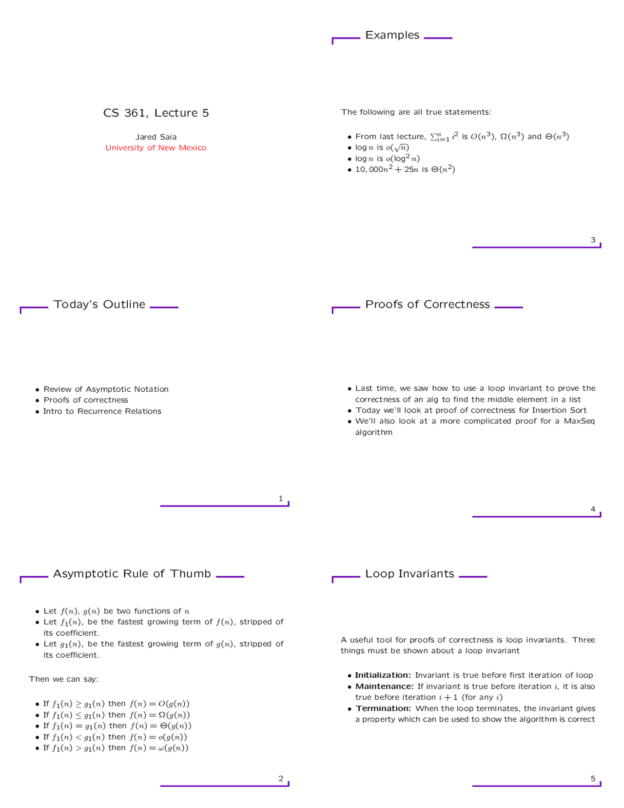 Review of Asymptotic Notation, Proofs of Correctness - Slides | CS 361L - Docsity