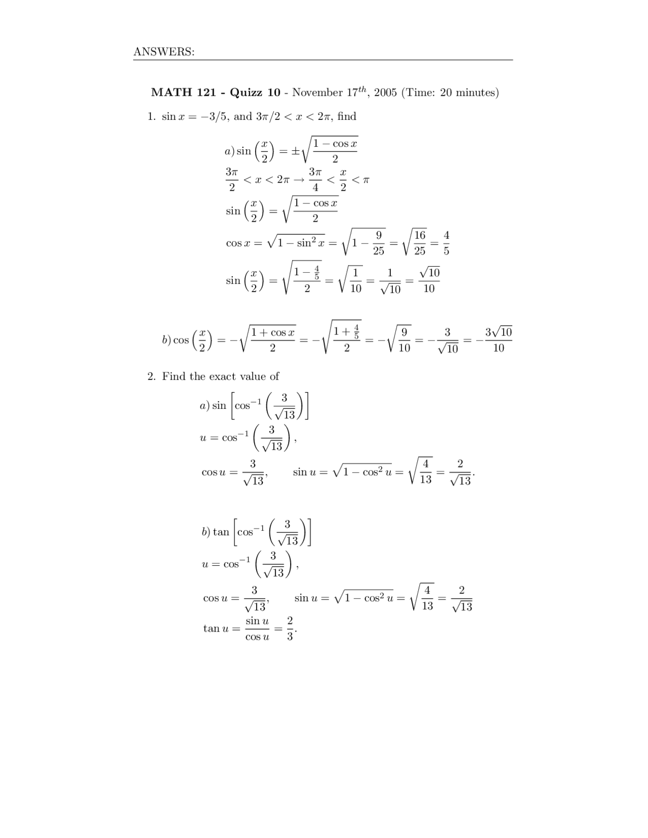 Quiz With Answers Precalculus Mathematics Math 121 Docsity