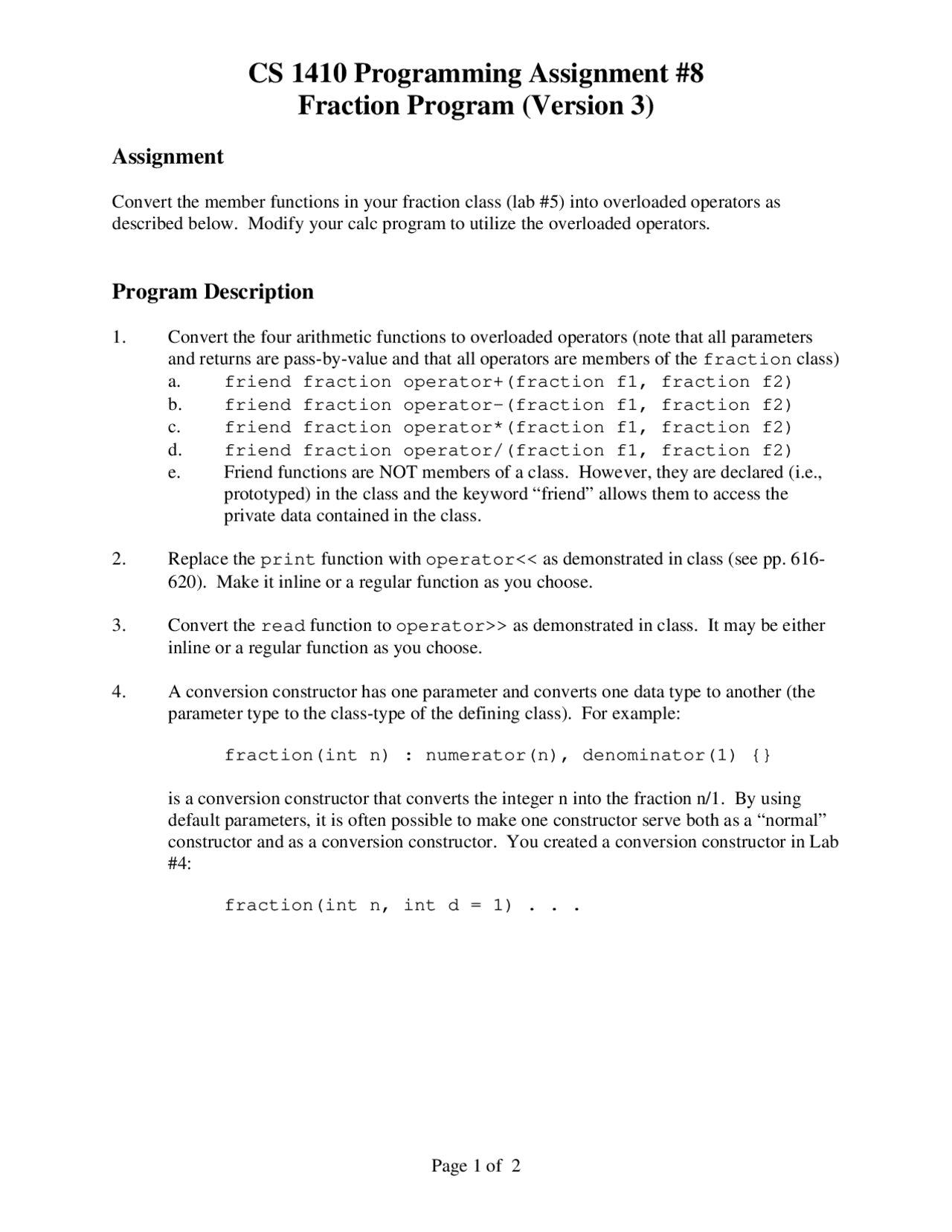 Fraction Program Programming Assignment 8 Cs 1410 Assignments