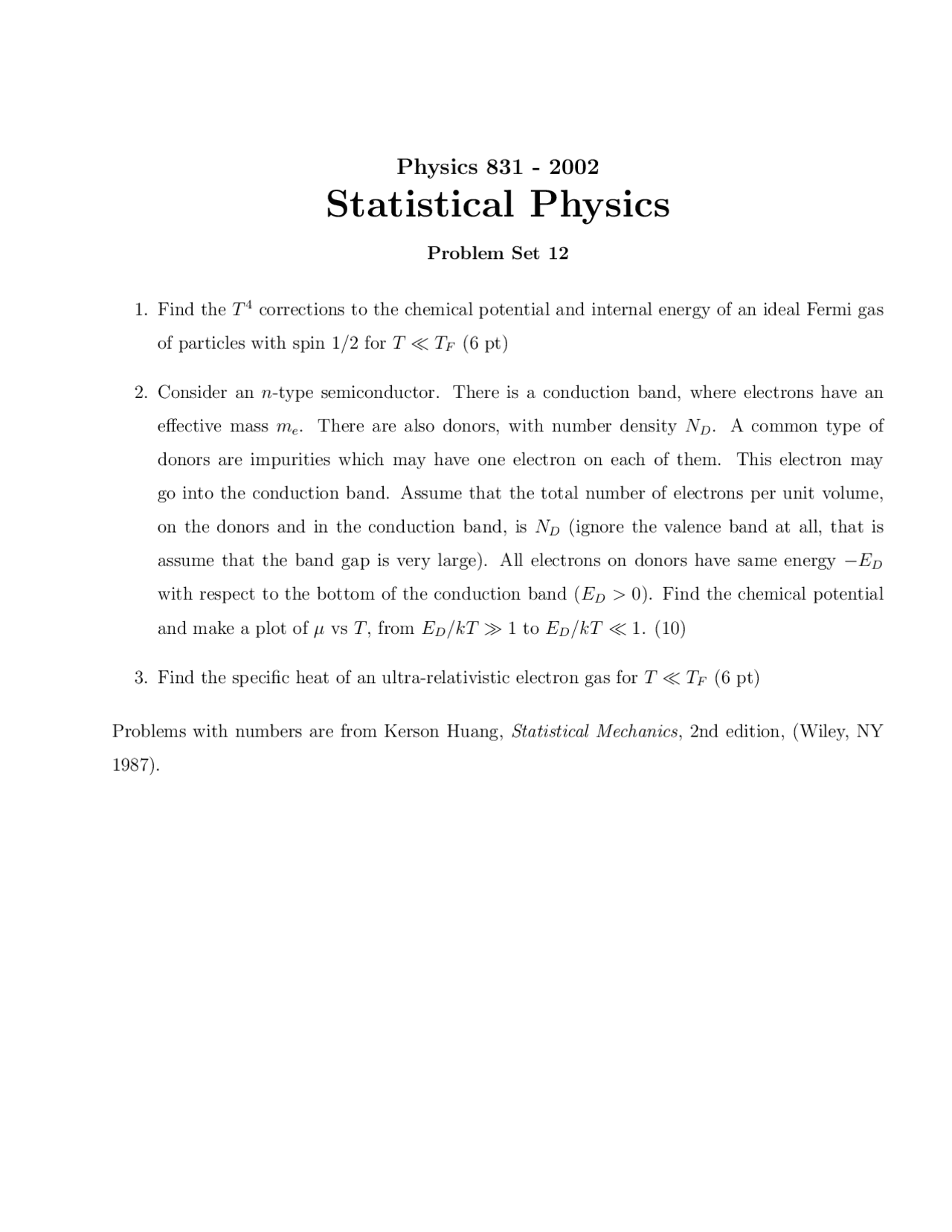 Problem Set 12 with 3 Practice Problems on Statistical Mechanics | PHY ...