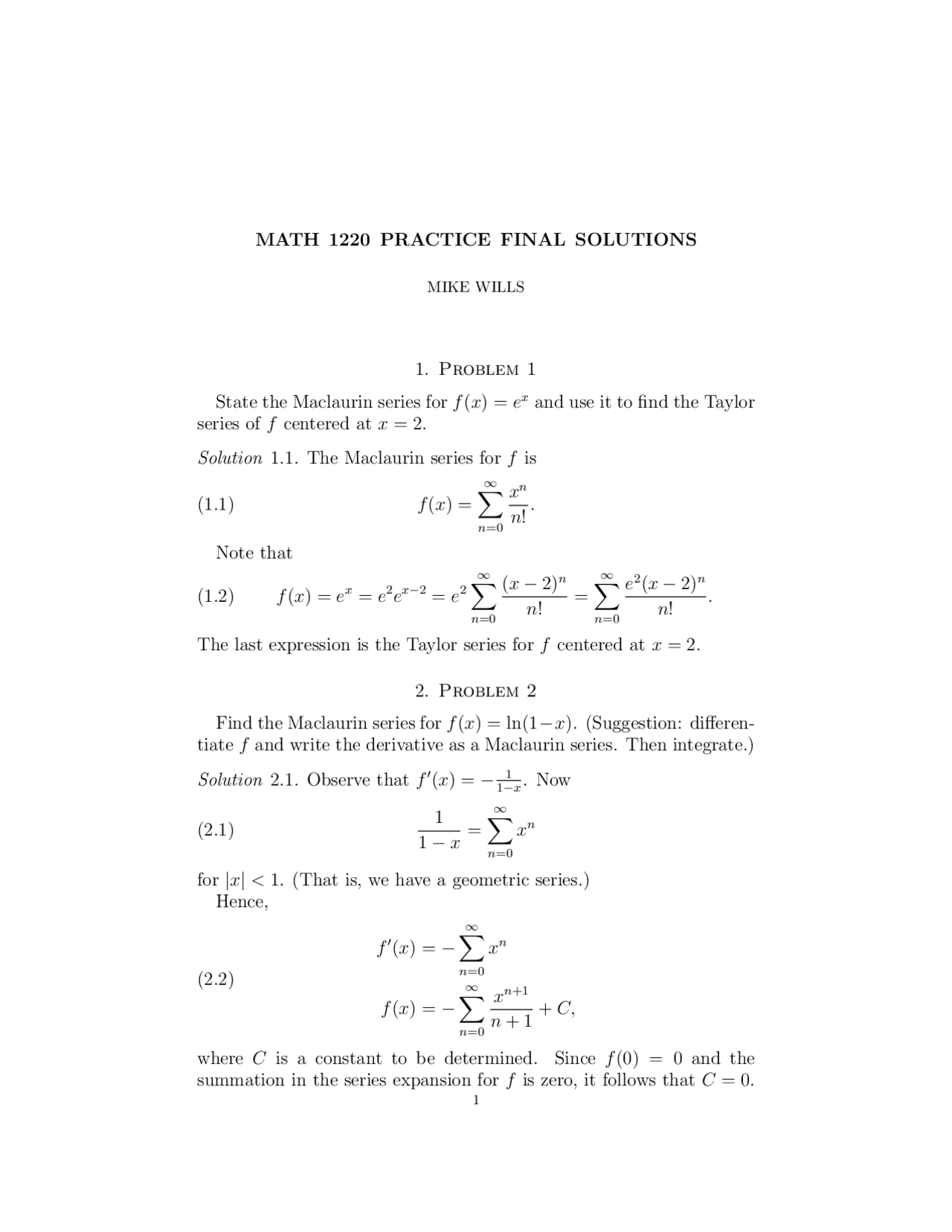 Practice Final Solutions For Si Calculus Ii Math 1220 Docsity