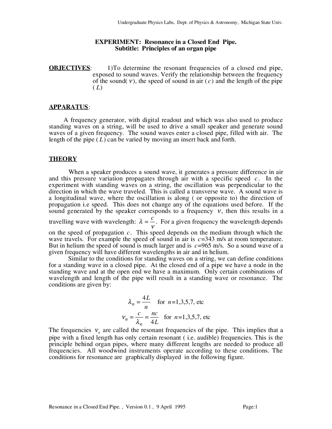 Resonance in a Closed End Pipe - Laboratory Experiment | PHY 251 | Lab ...