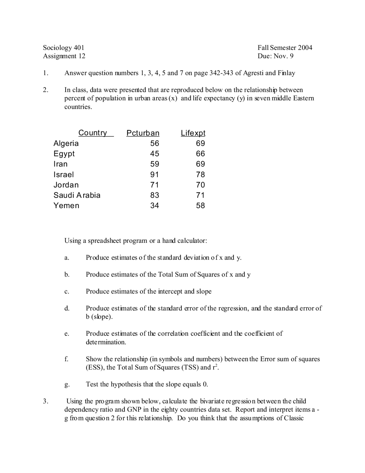Questions For Assignment 12 Sociological Statistics Soc 401 Docsity