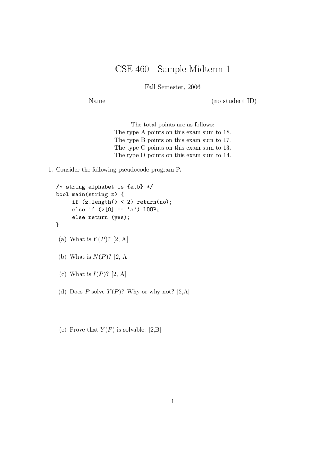 Sample Questions For Midterm Exam Computability And Languages Cse