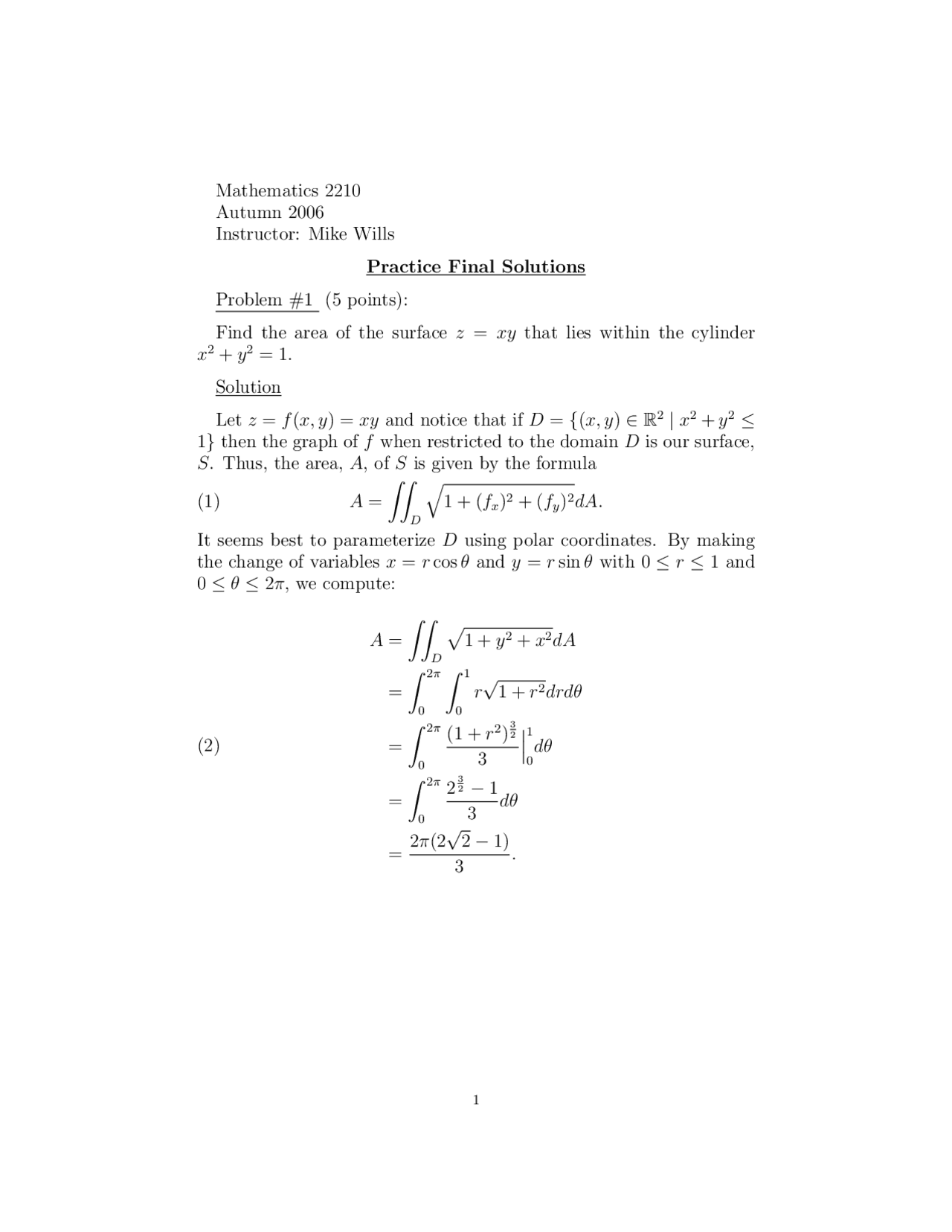 Solutions to Mathematics 2210 Practice Final Problems | Exams Advanced Calculus | Docsity