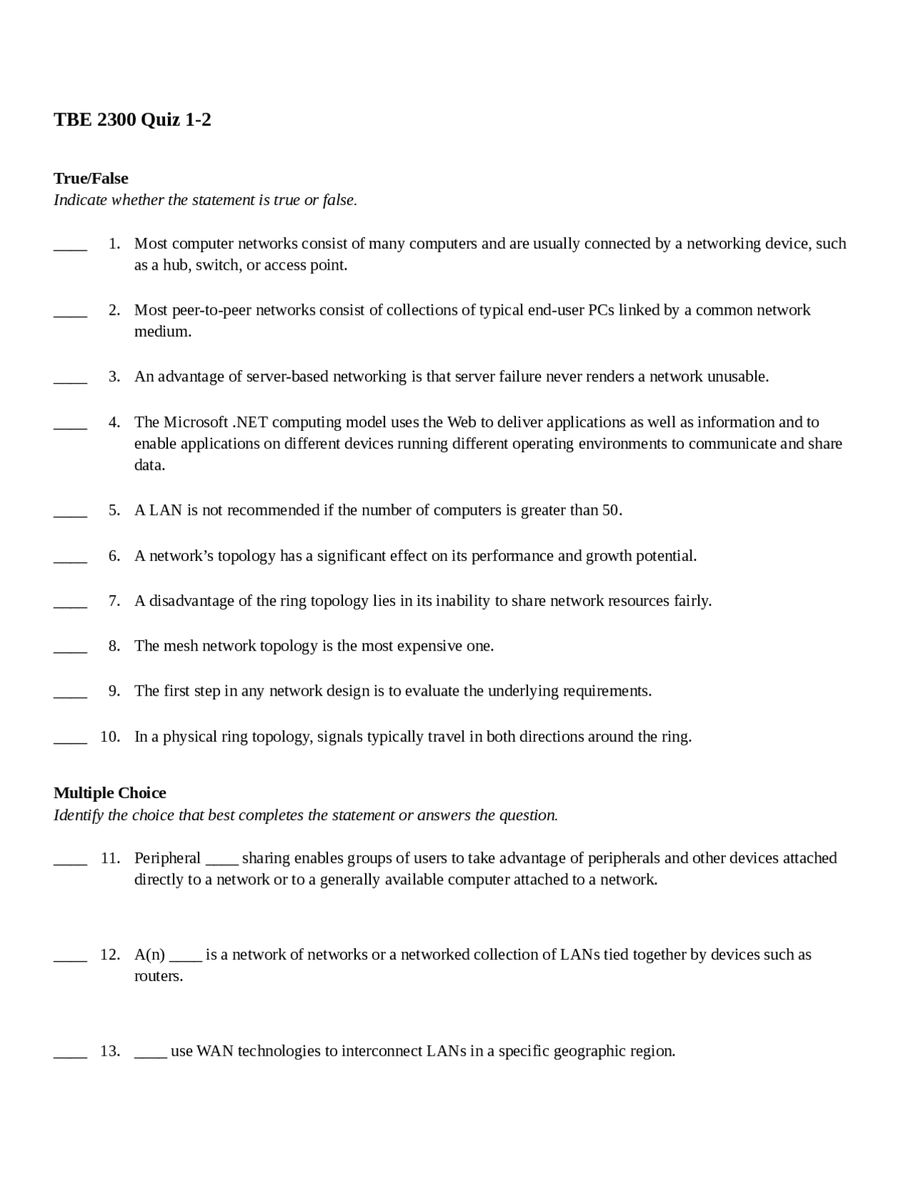 Quiz for Introduction to LAN Management | TBE 2300 - Docsity