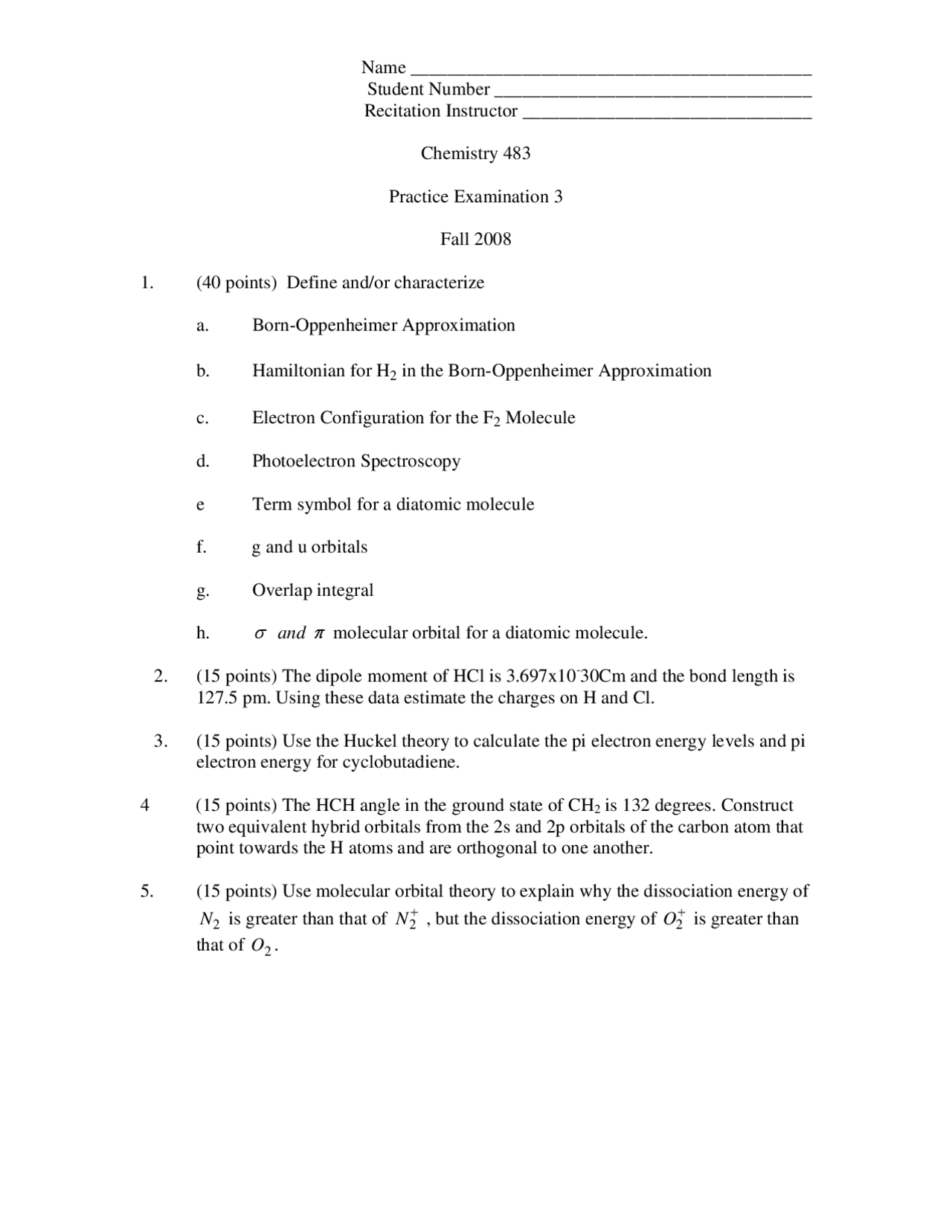 Practice Exam 3 Quantum Chemistry Cem 483 Docsity