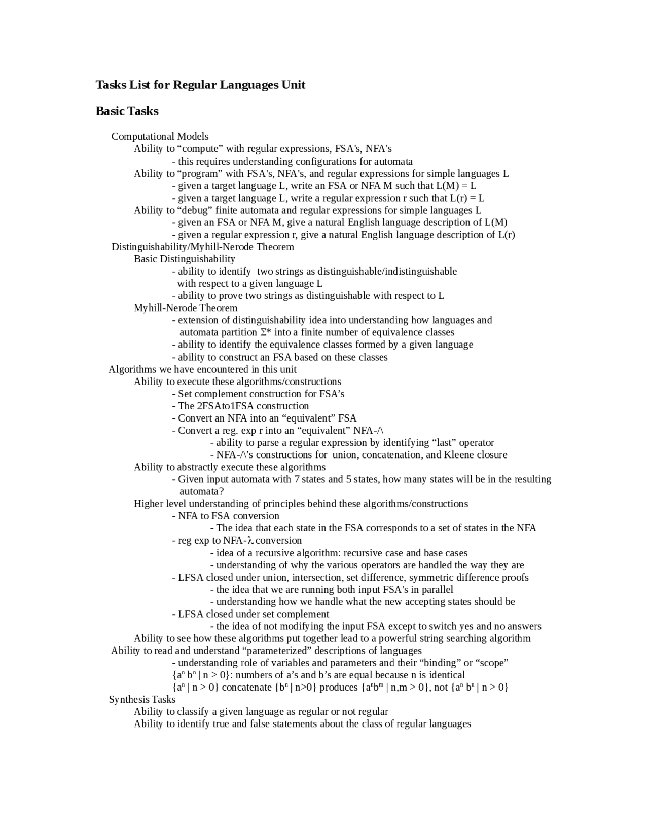 Tasks List for Regular Languages - Study Guide | CSE 460 - Docsity