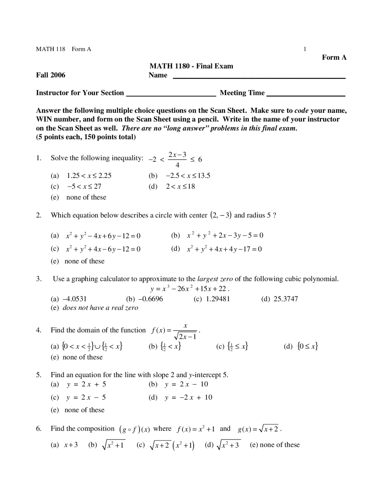 30 Questions on Precalculus Mathematics with Answer Key | MATH 1180 ...