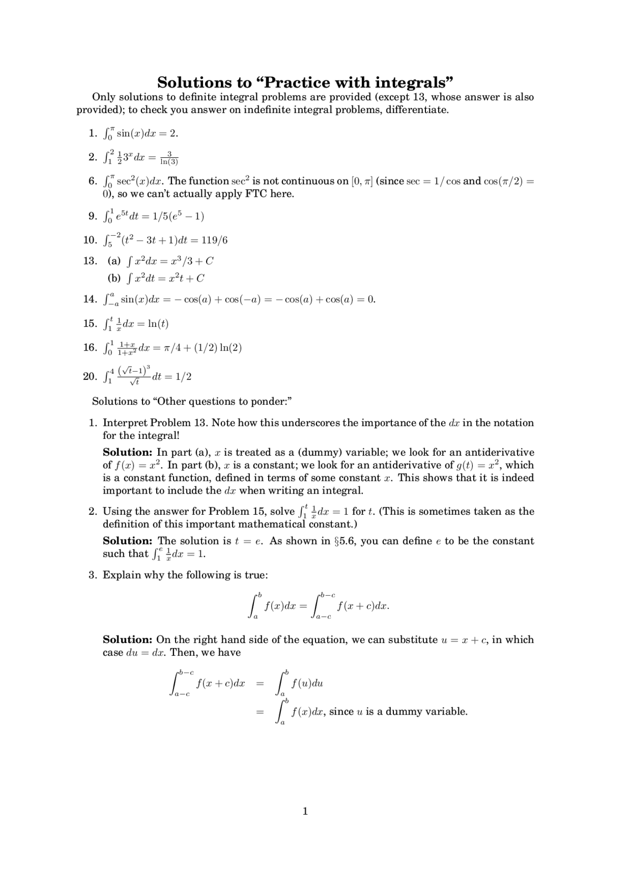 Solutions to Practice with Integrals - Calculus II | MATH 252 - Docsity