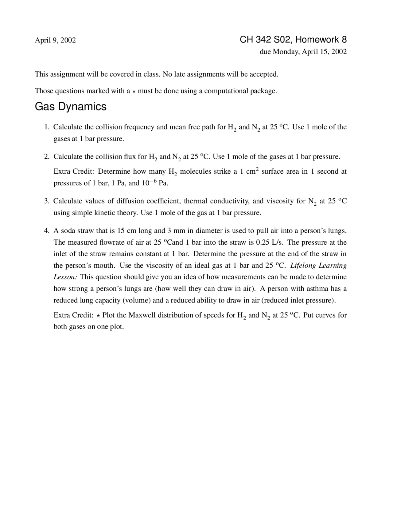 Homework Sample Questions Physical Chemistry Ii Fall 2002 Ch 342