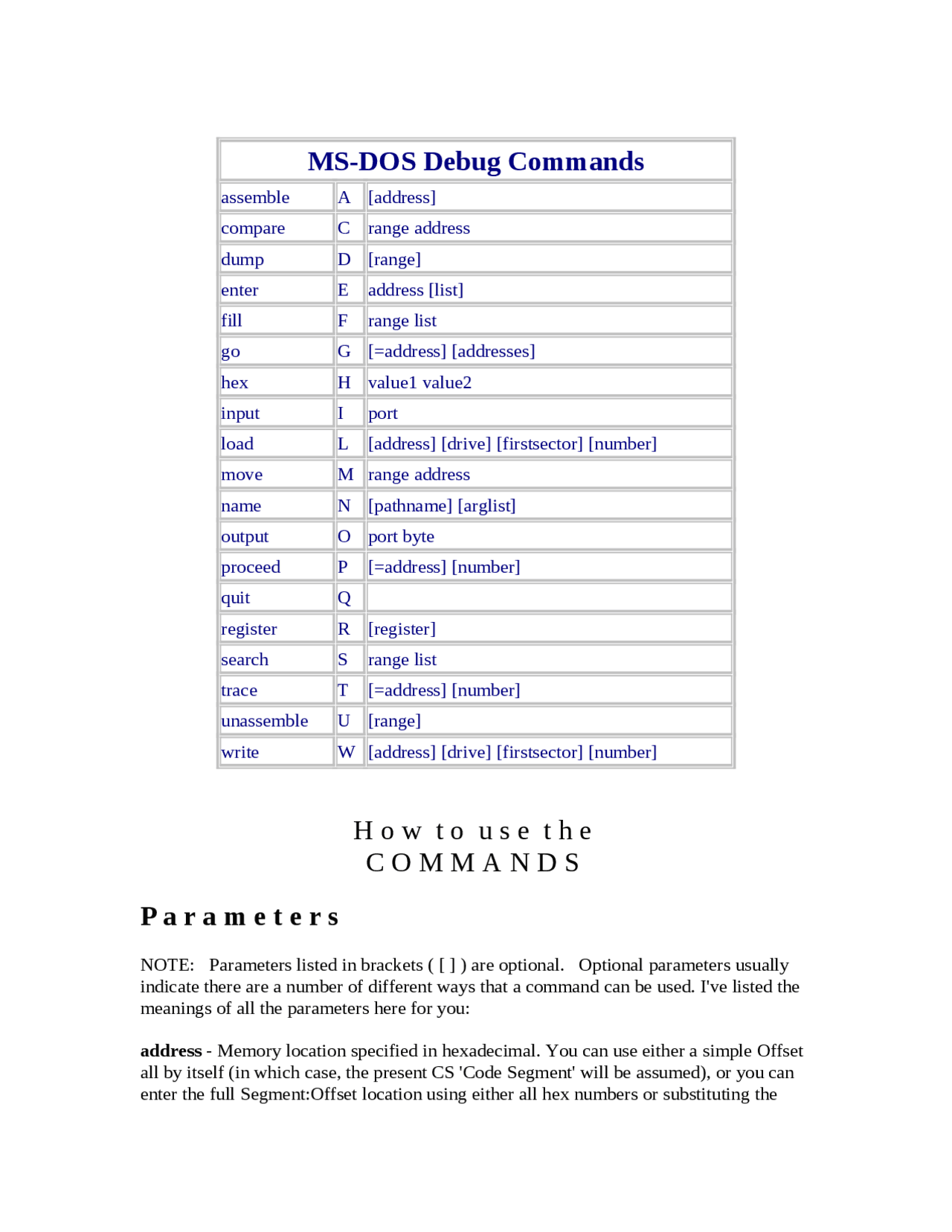 Ms Dos Debug Commands Lecture Notes Cs 308 Docsity