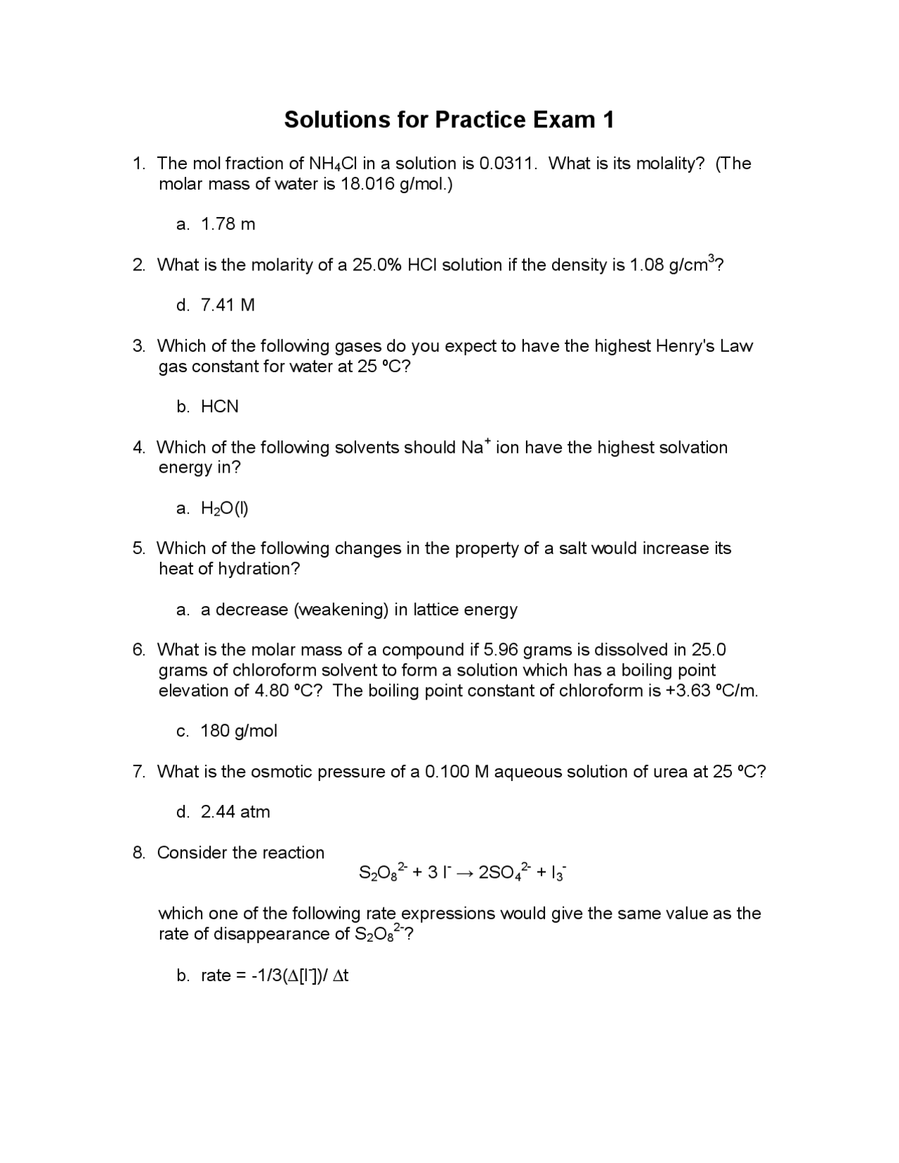 Solutions For Practice Exam 1 General Chemistry Ii Ch 123 Docsity