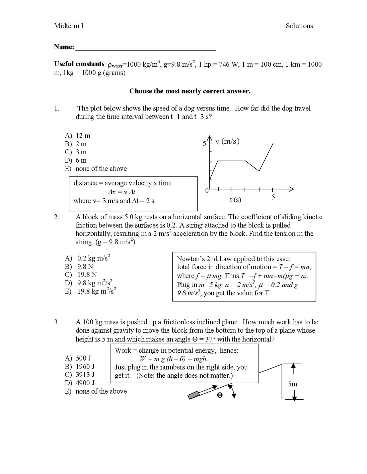 Midterm Exam With Solution For Introductory Physics I Phy 231 Docsity