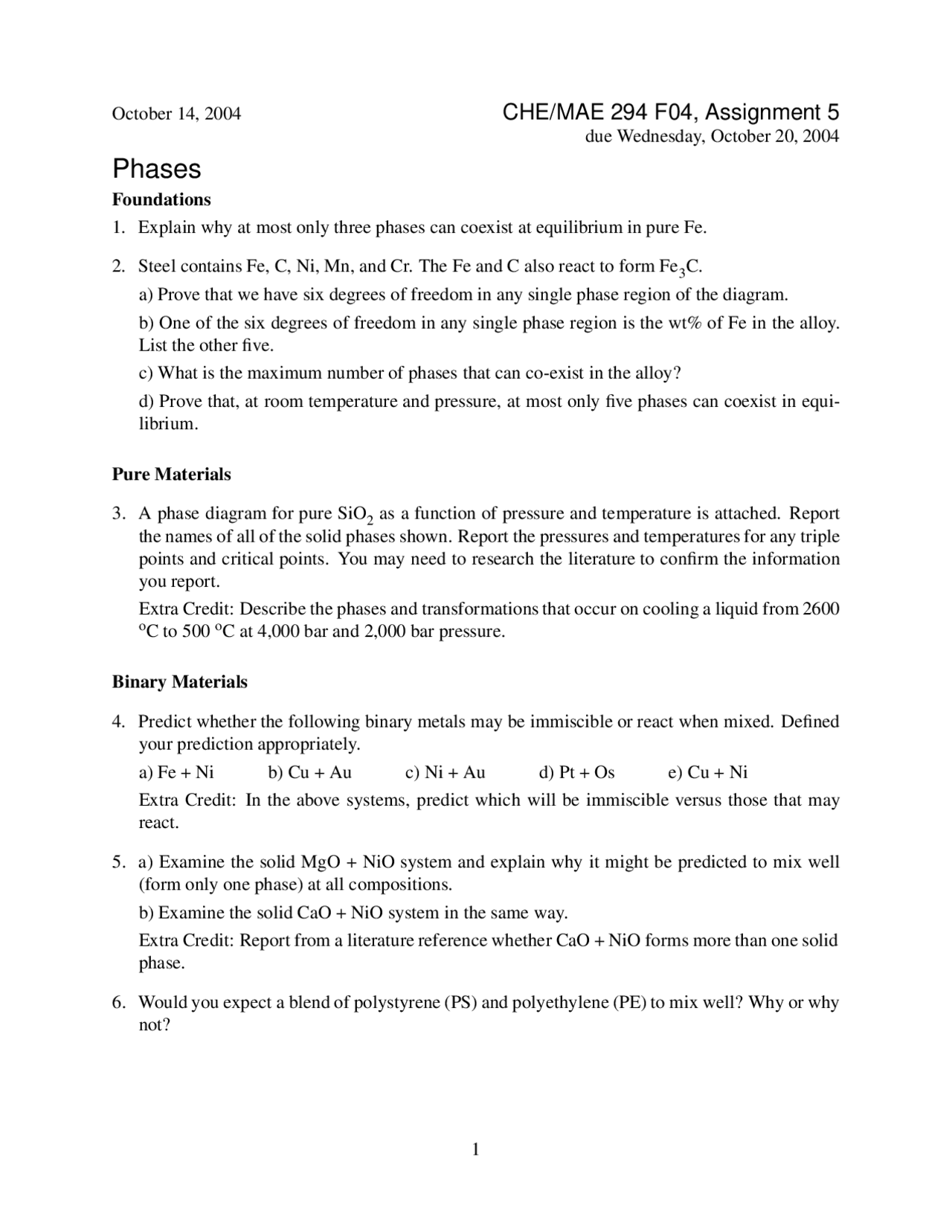 Homework 5 For Nature And Properties Of Mattel Che 294 Docsity