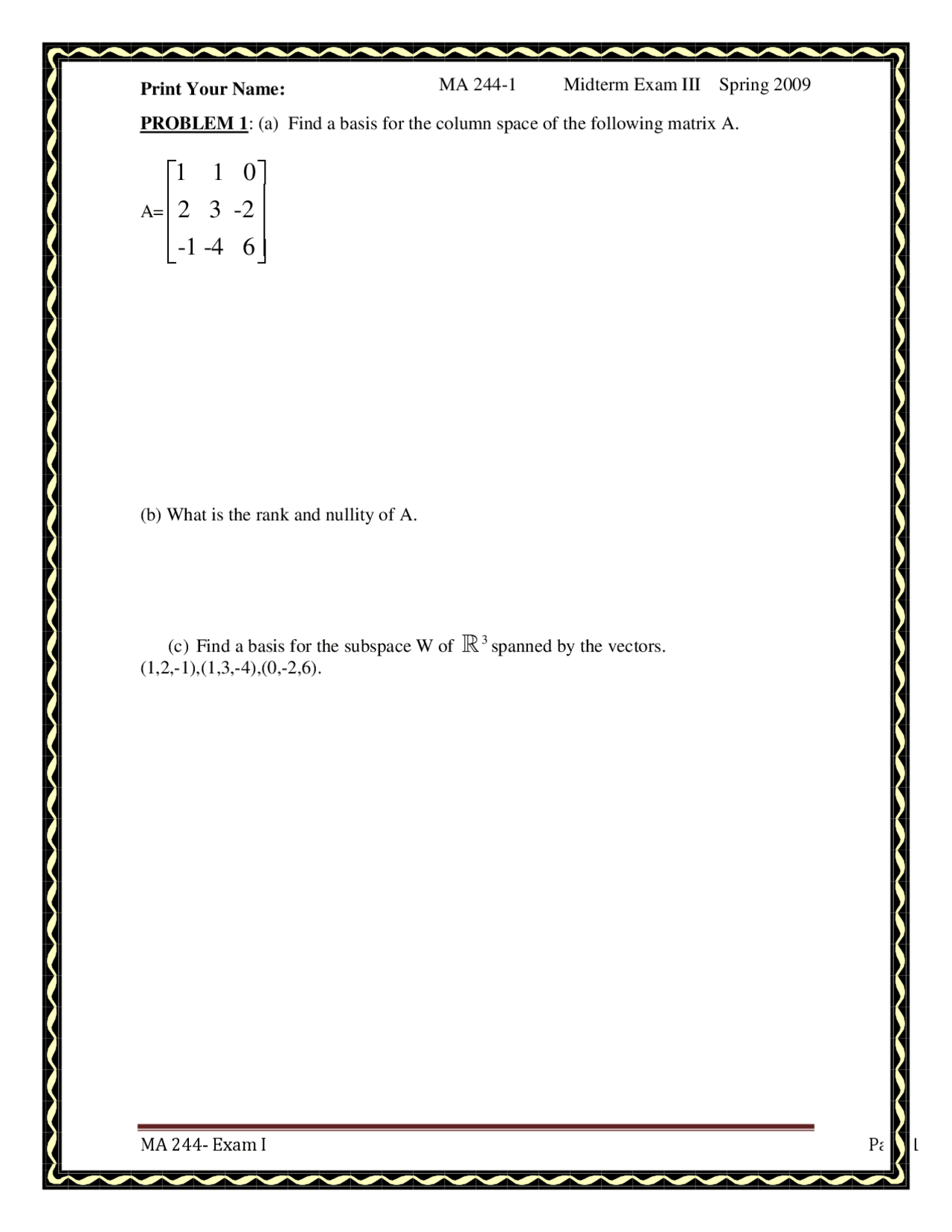 Introduction To Linear Algebra Midterm Exam Iii Ma 244 Docsity