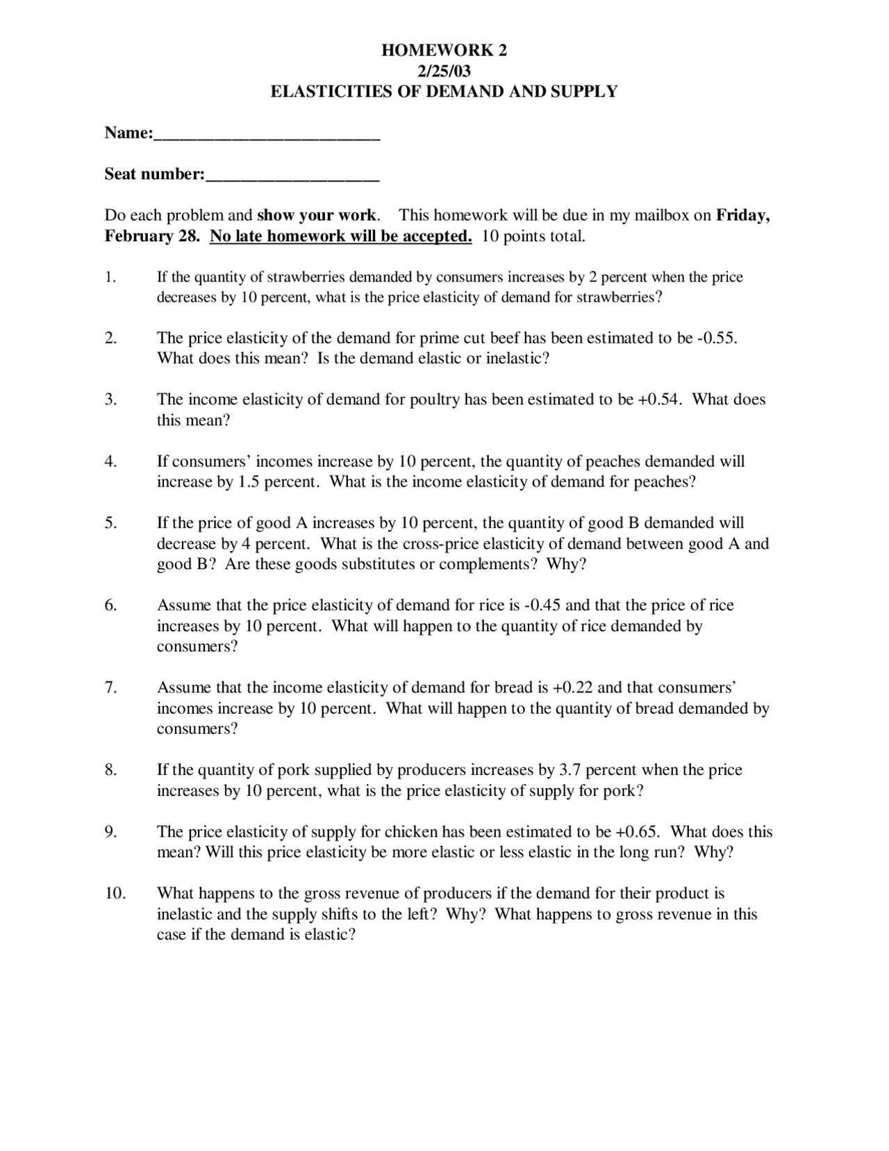 Homework 2 On Elasticities Of Demand And Supply Abm 100 Docsity