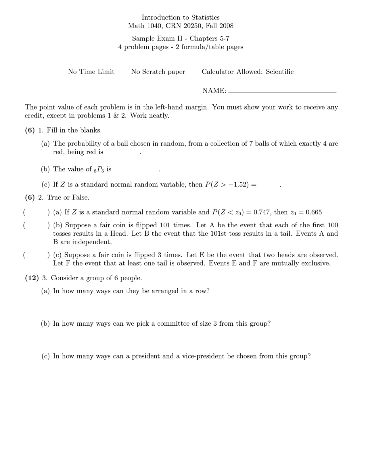 Sample Exam On Ql Introduction To Statistics Math 1040 Docsity