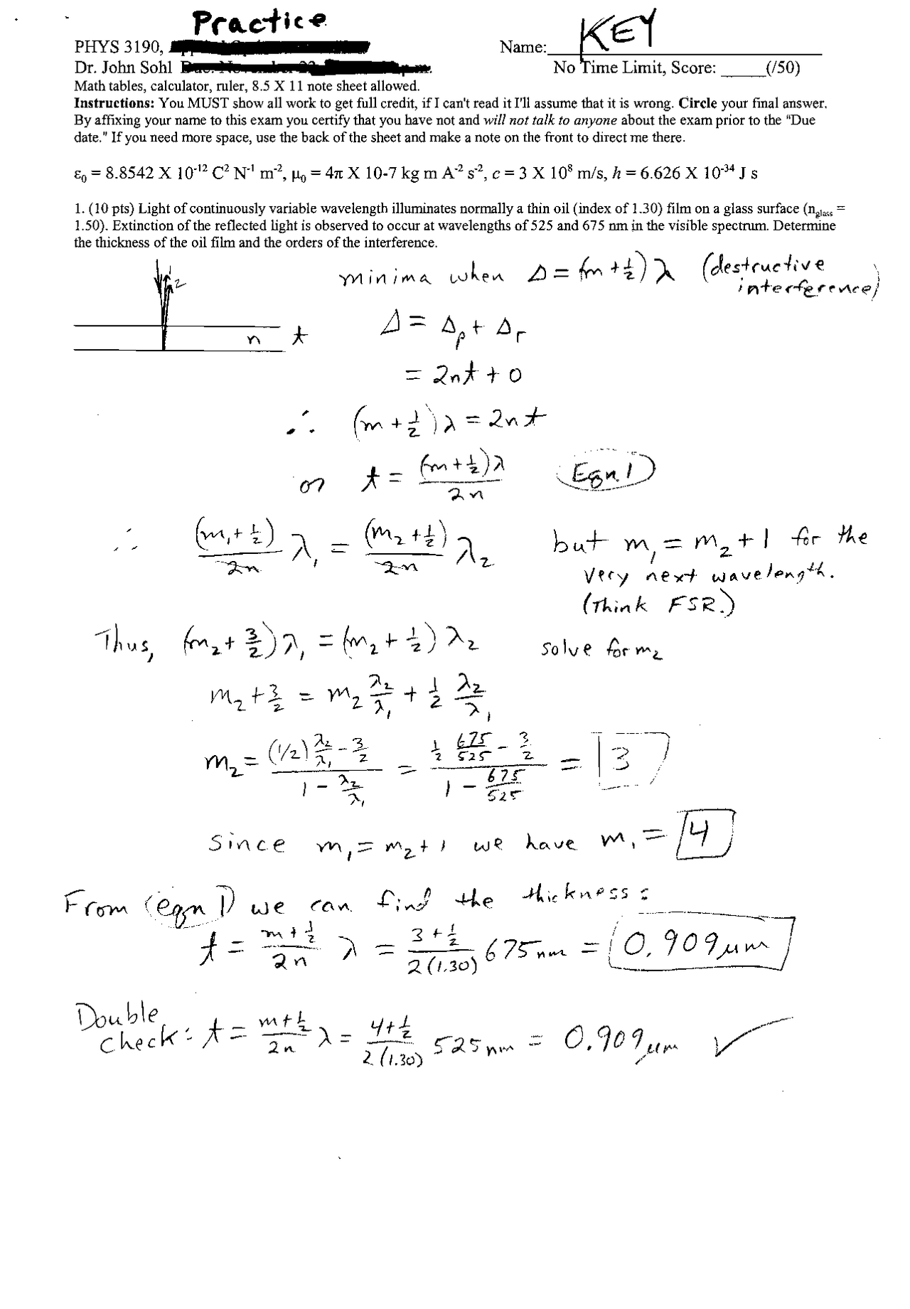 Solved Practice Exam With Applied Optics Phys 3190 Docsity