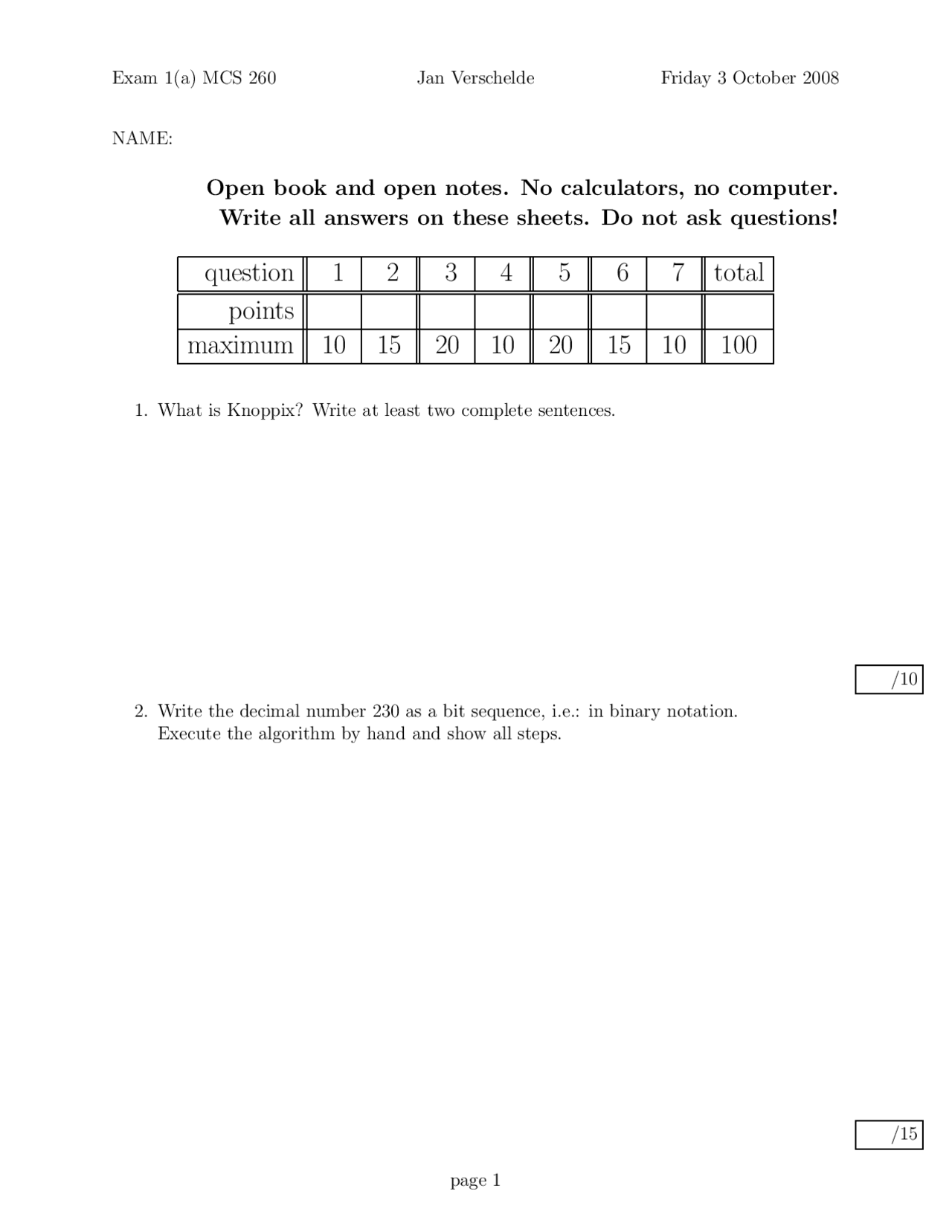 7 Questions For Introduction To Computer Science Past Exam 1 Mcs