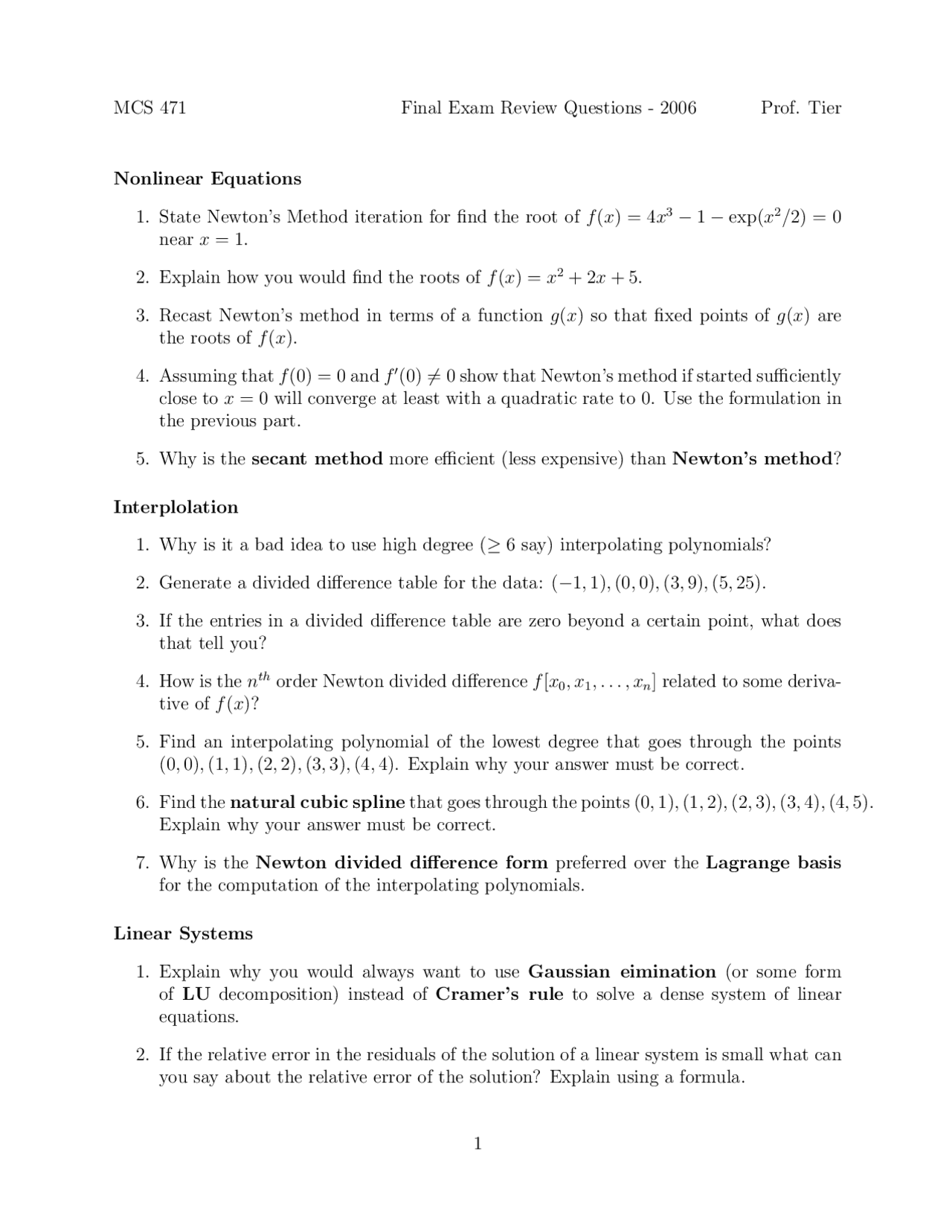 Final Exam Review Questions For Numerical Analysis Mcs 471 Docsity