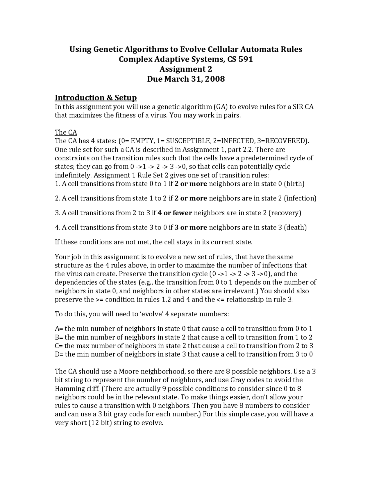 Using Genetic Algorithms To Evolve Cellular Automata Rules Assignment